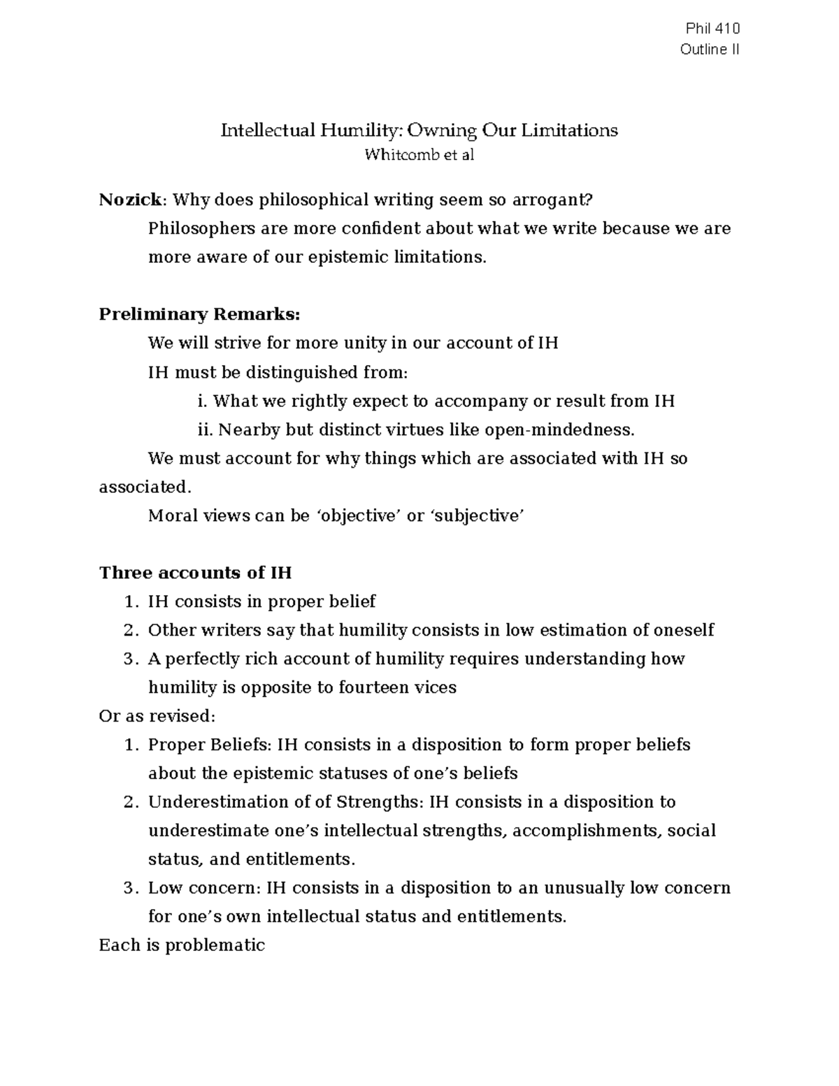 PHIL410 Intellectual Humility Outline - Phil 410 Outline II I nt e l l ...