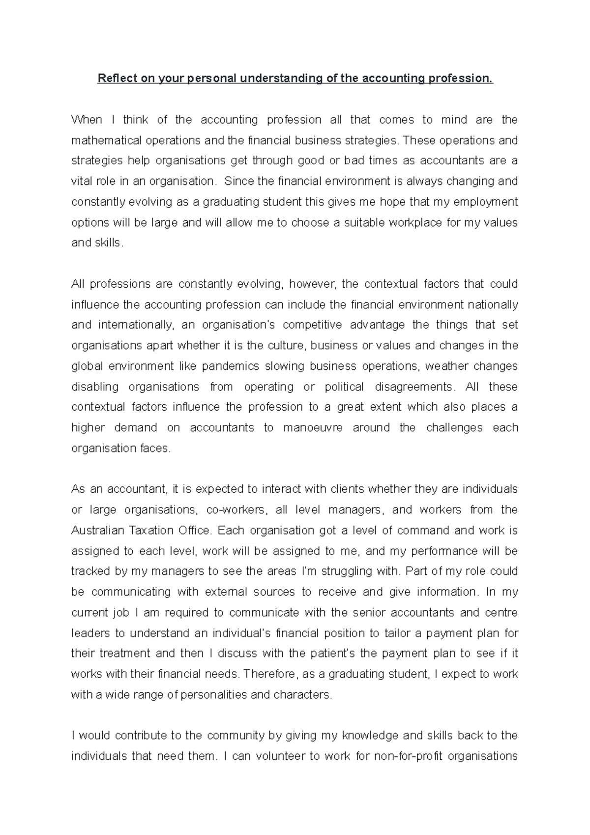 ACCG3015 - Reflection (Part A) - Reflect on your personal understanding ...