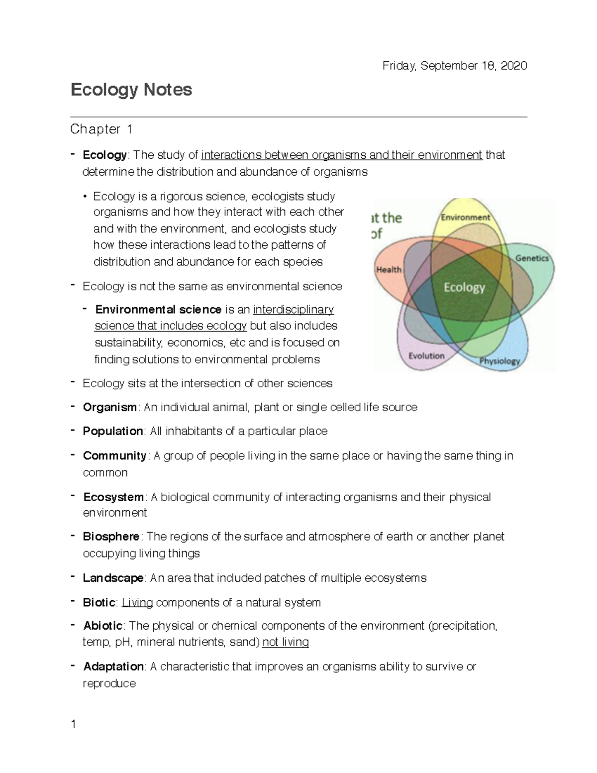 Ecology Notes - ALL - Ecology Notes Chapter 1 - Ecology : The study of ...