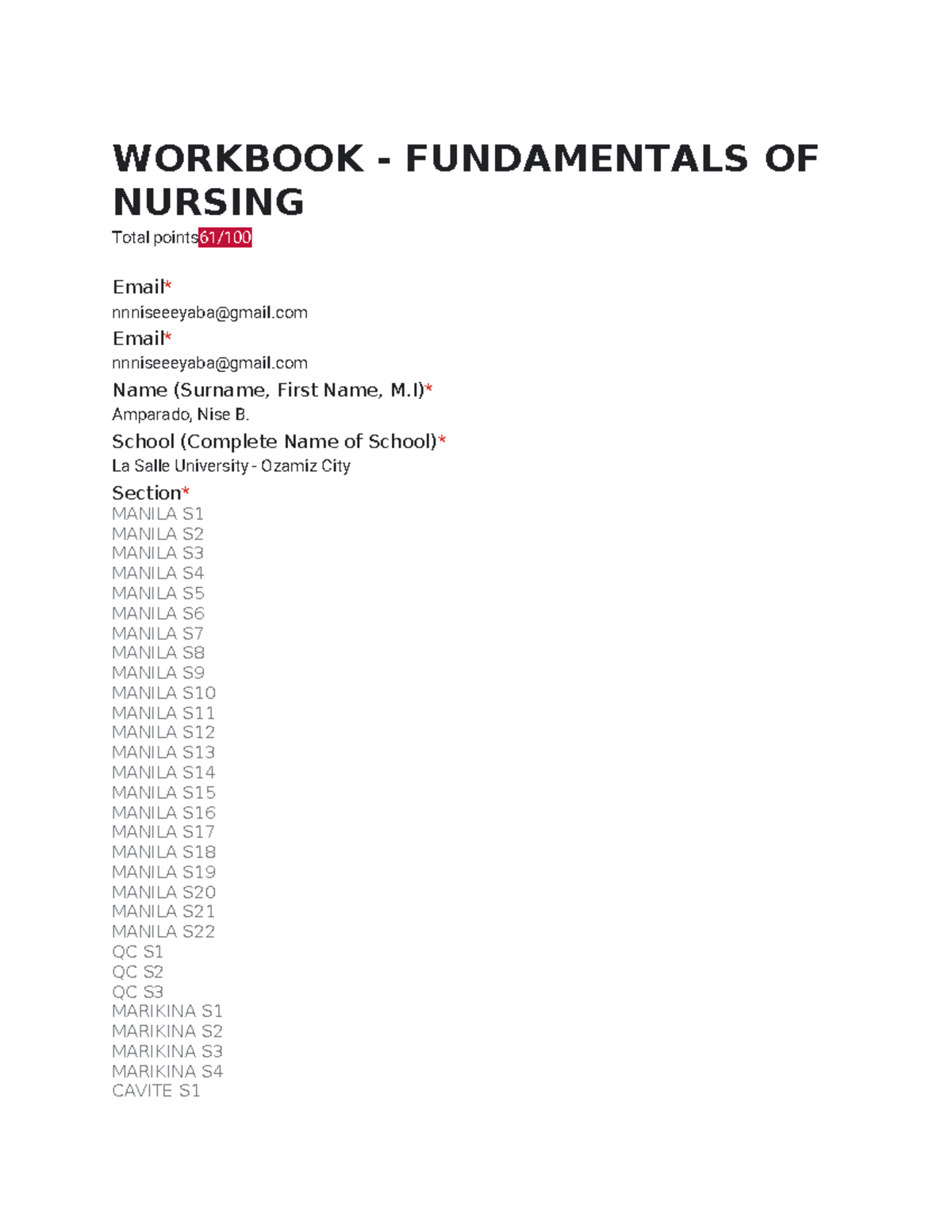 Workbook- funda - WORKBOOK - FUNDAMENTALS OF NURSING Total points61 ...