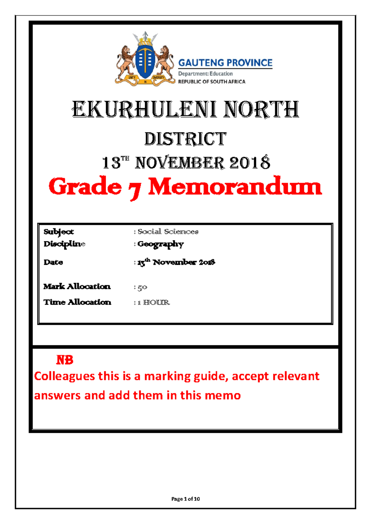 Grade 7 Geography MEMO November 2018 EXAM - EKURHULENI NORTH DISTRICT ...
