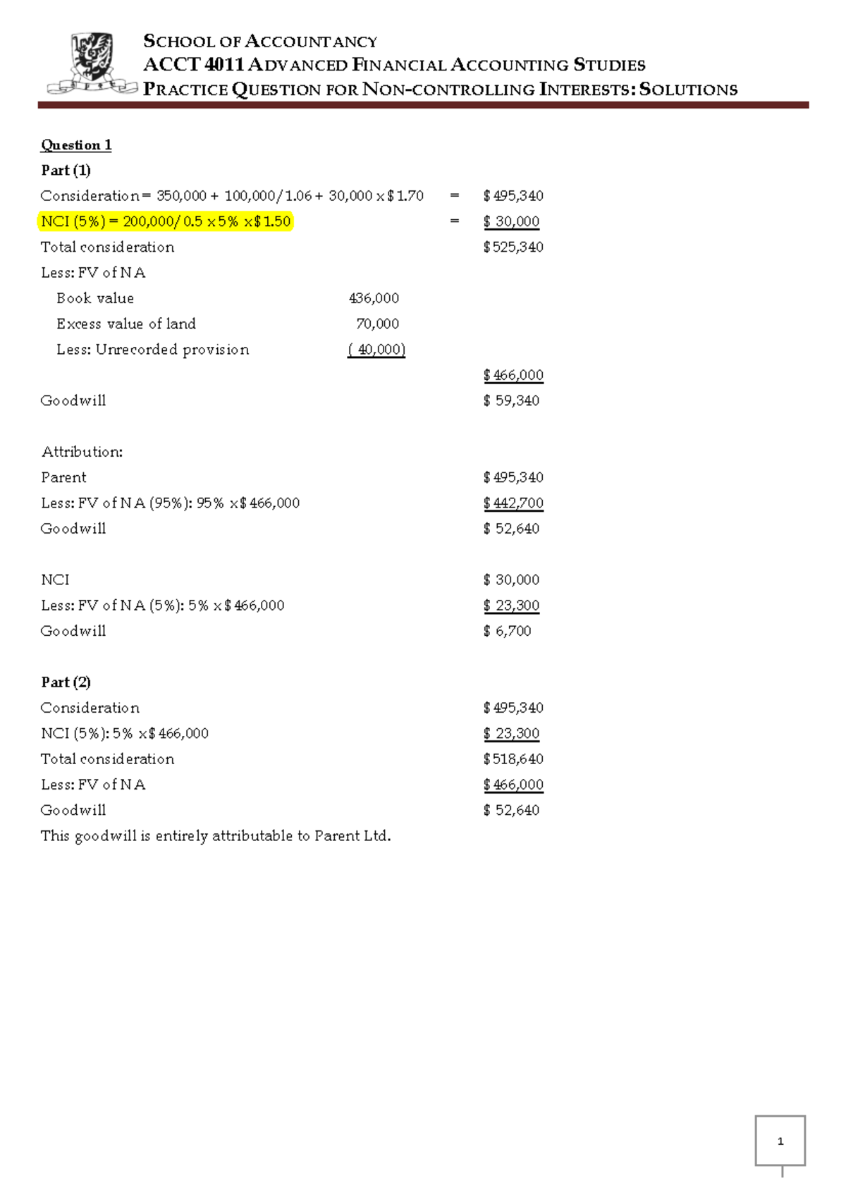 Answers Chapter 6 Non Controlling Interest - ACCT 4011 ADVANCED ...