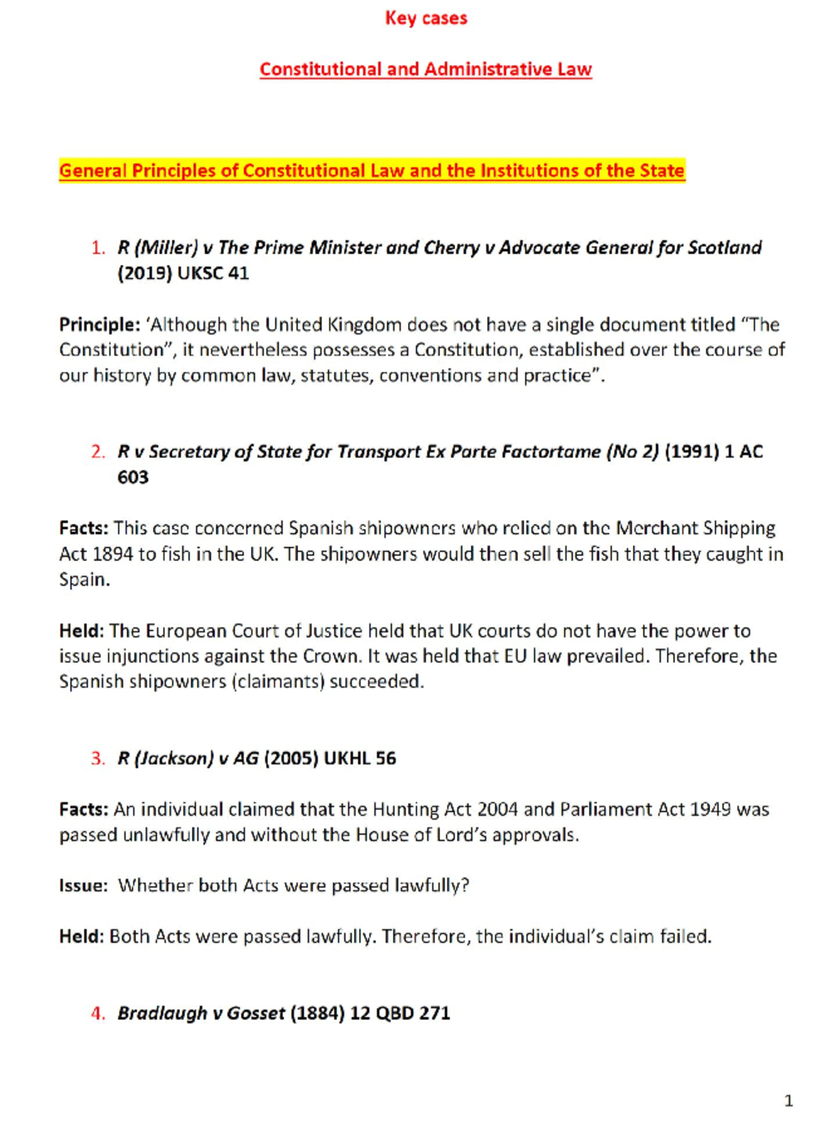 Constitutional and Administrative Law Key Cases - Studocu