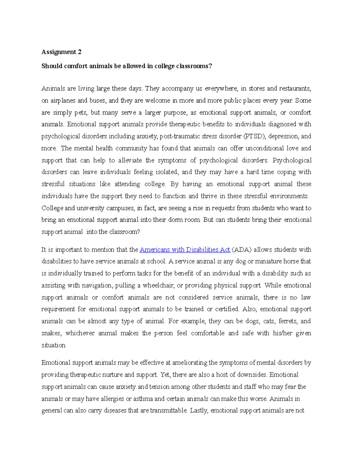 Animals should be allowed in college classrooms - Assignment 2 Should ...
