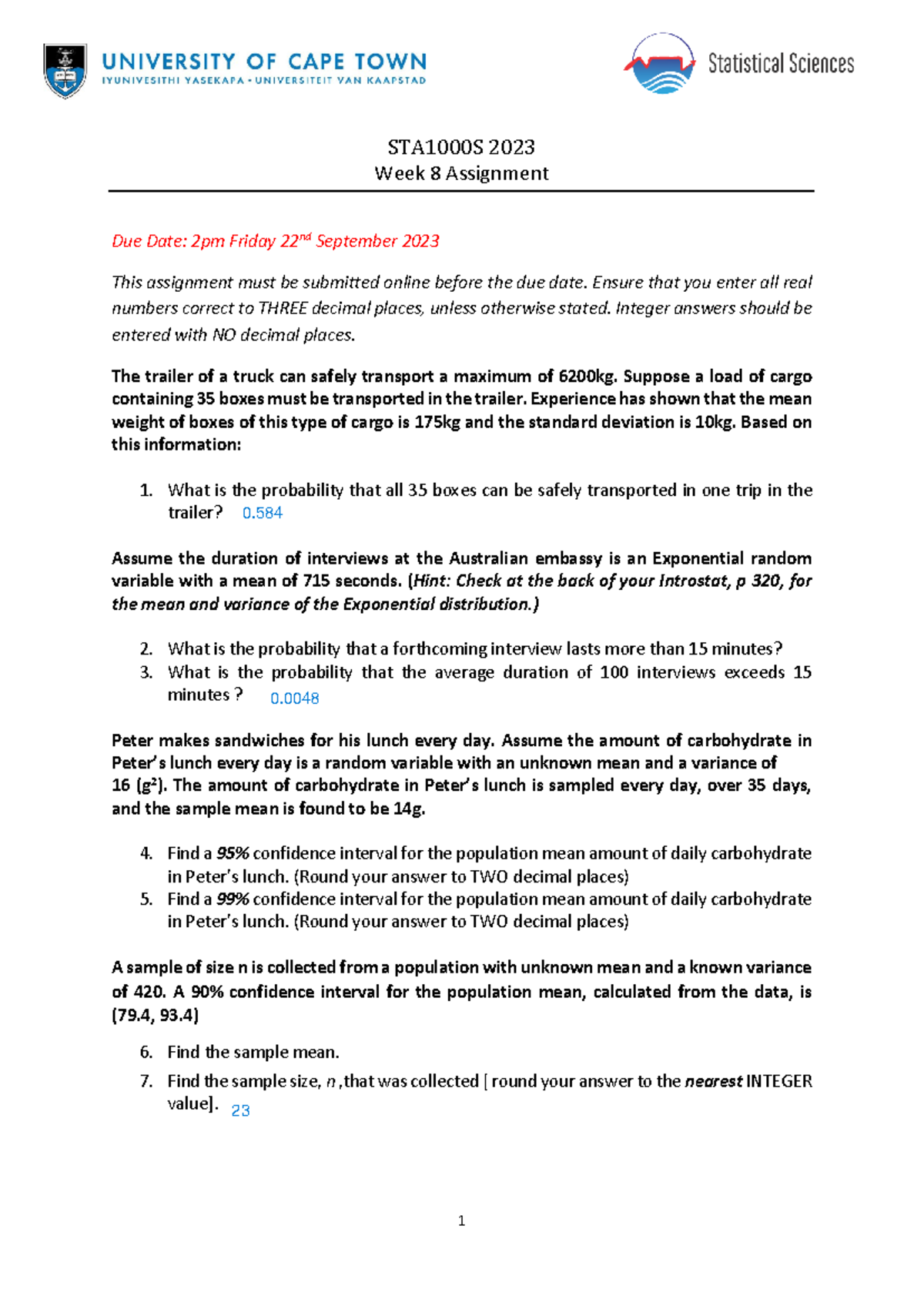 STA1000S 2023 Assignment Week8 - 1 STA1000S 2023 Week 8 Assignment Due Date: 2pm Friday 22nd ...