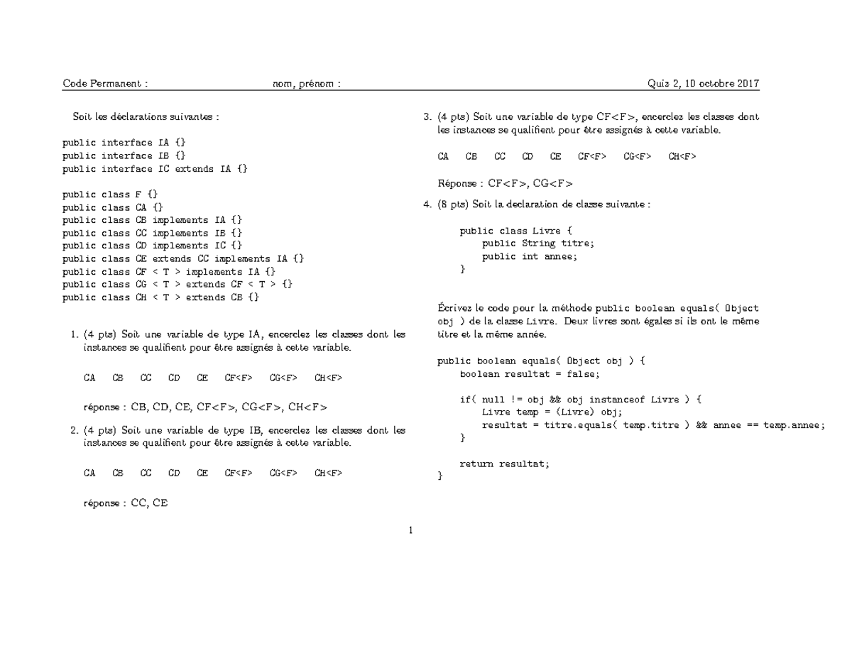 Q2aut2017 g20-2 - prog2 - Code Permanent : nom, prénom : Quiz 2, 10 ...