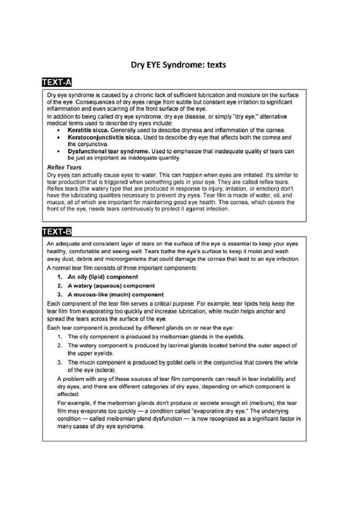 Dry Eye Syndrome Oet Reading Task Practice - Bsc.nursing - Studocu
