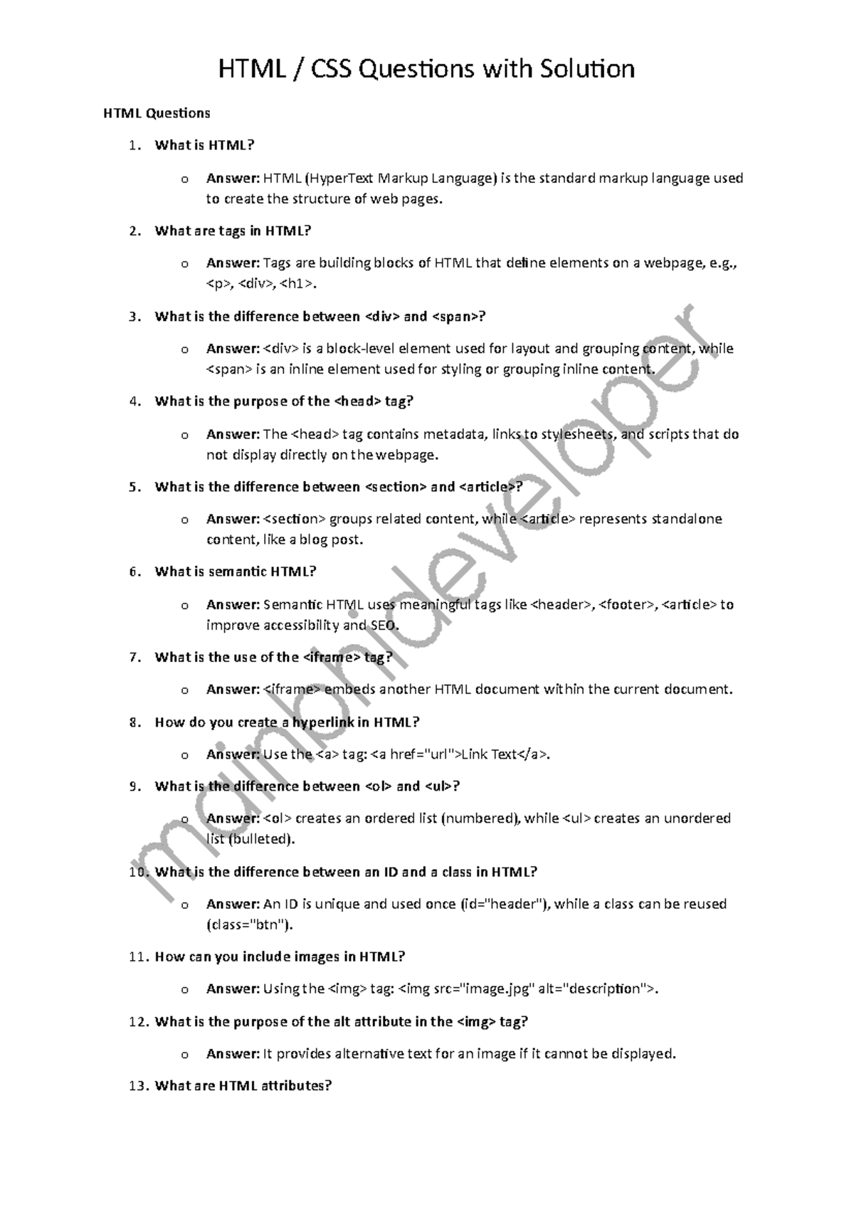 Html Css Questions Mm Notes Html Questions 1 What Is Html O 6057