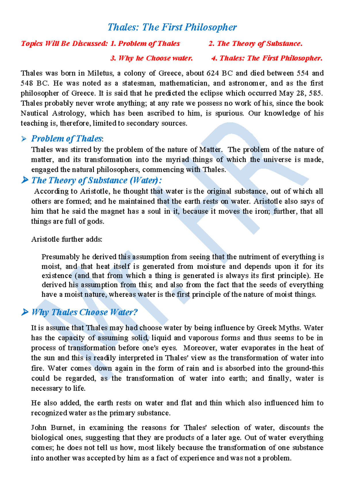 Thales: The First Philosopher, Thory of subtance. - Thales: The First ...