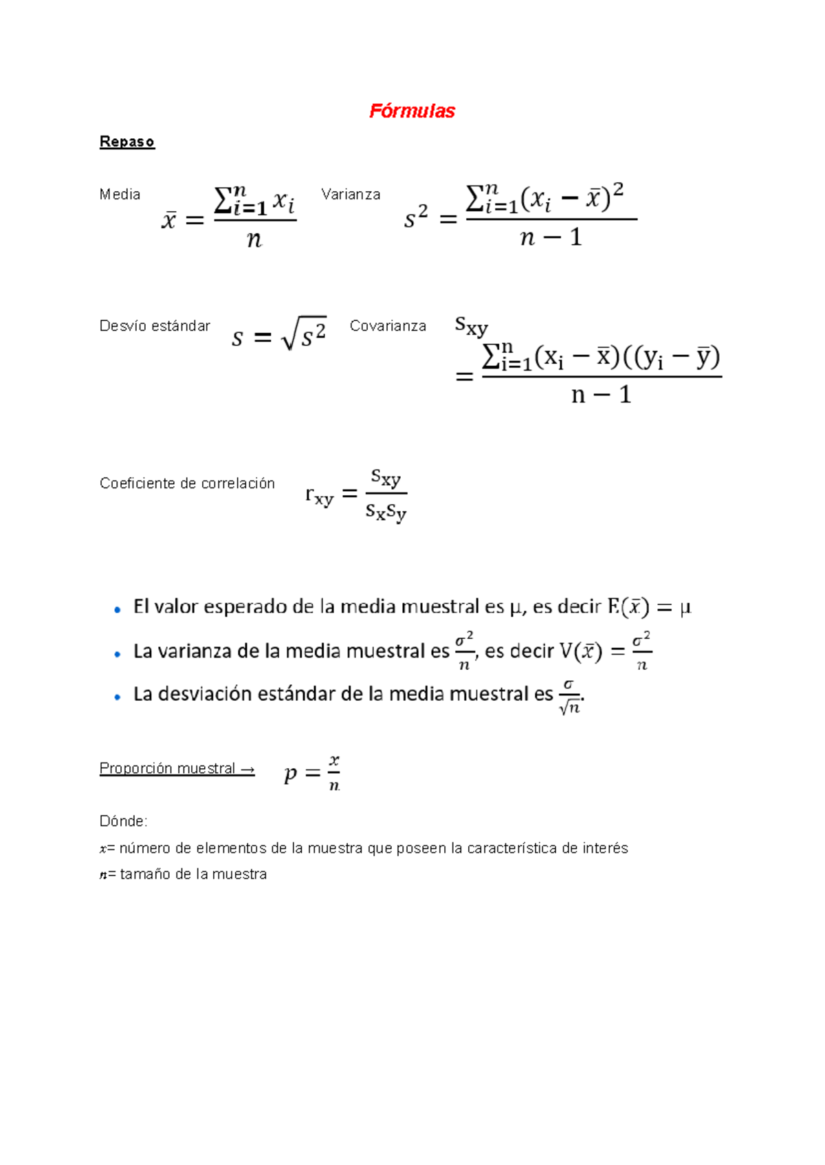 Fórmulas big data - formulas big data - Fórmulas Repaso Media Varianza ...