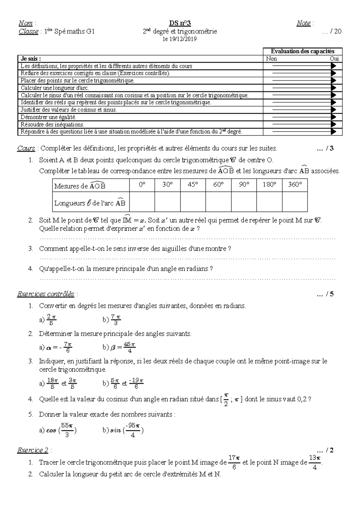 DS trigo 1 + corrigé - Nom : Classe : 1 ère Spé maths G DS n° 2 nd degré et trigonométrie le 19 ...