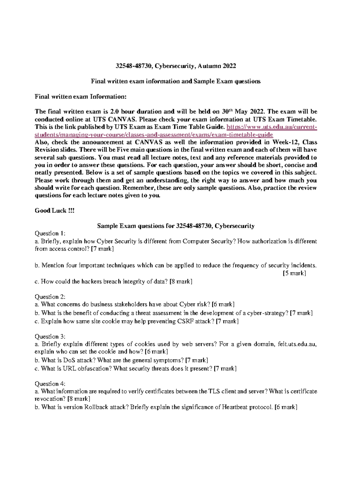 Sample Exam Questions - 32548-48730, Cybersecurity, Autumn 2022 Final ...