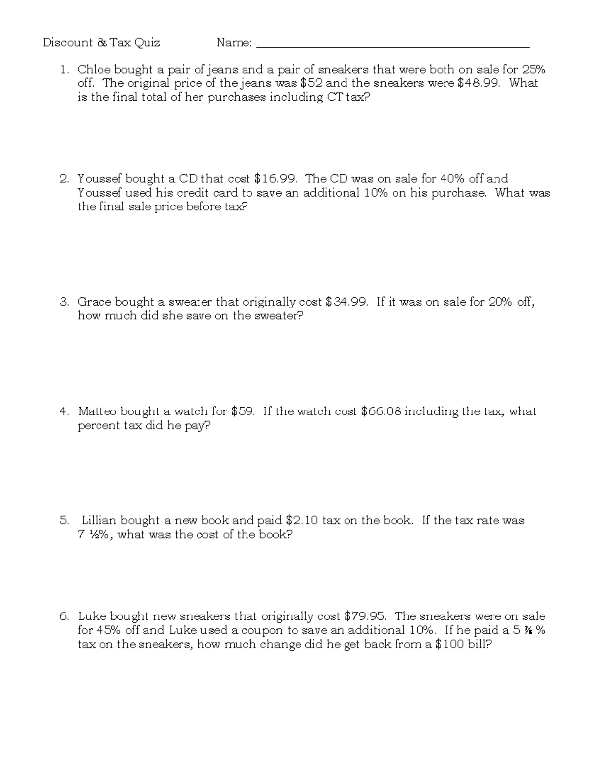 Discount and Sales Tax Quiz Honors - Discount & Tax Quiz Name: - Studocu