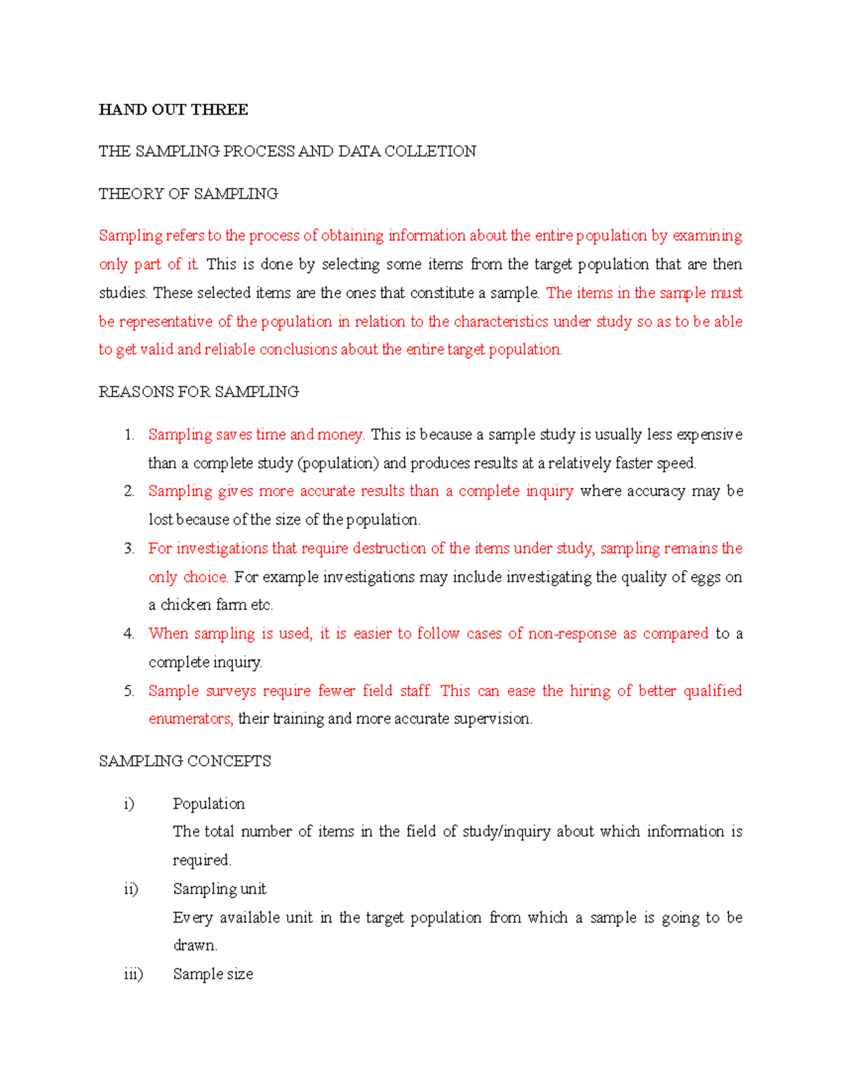 HAND OUT Three - Biostatistics notes - HAND OUT THREE THE SAMPLING ...
