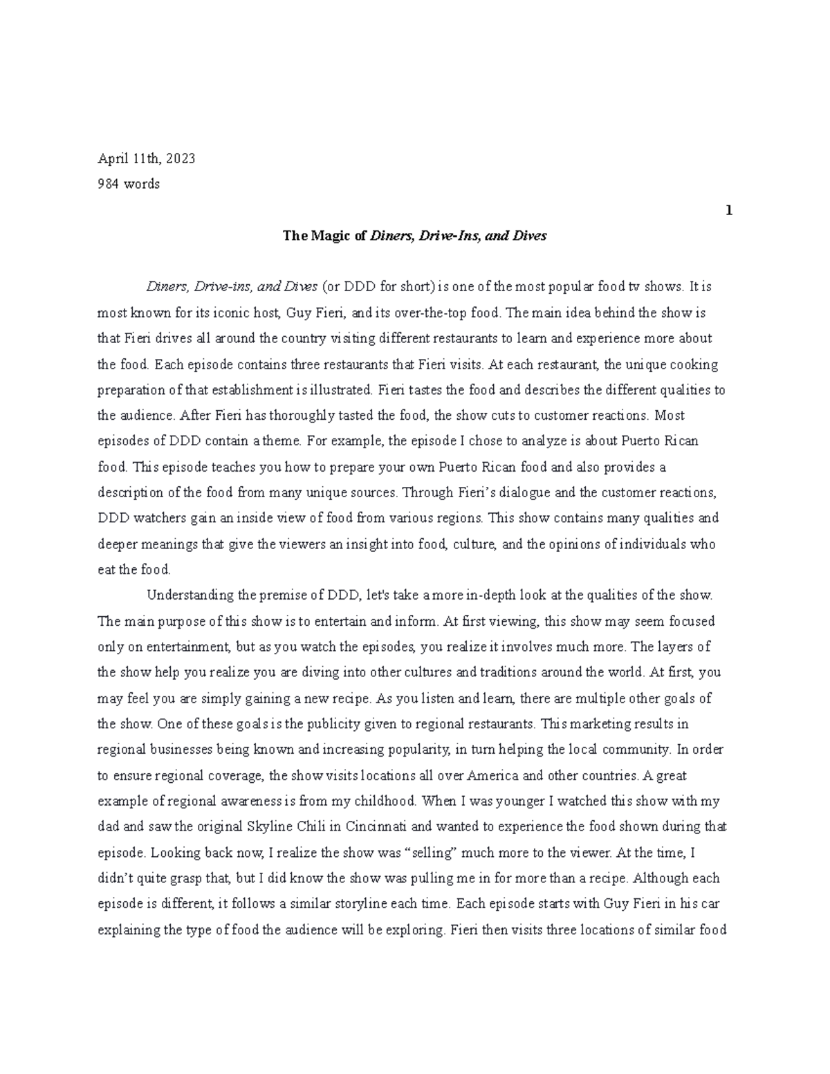 Food Tv Essay - April 11th, 2023 984 words 1 The Magic of Diners, Drive ...