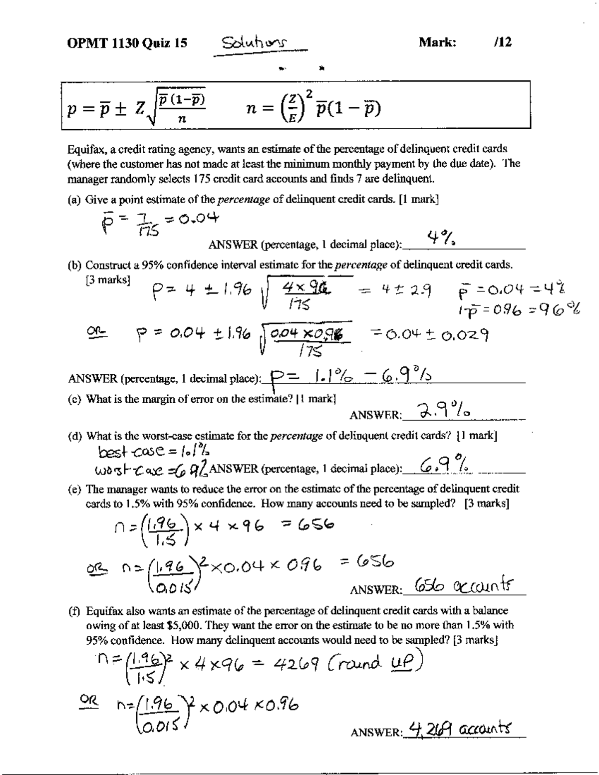 Quiz 15 Solutions OPMT 1130 Business Statistics - OPMT 1130 - Studocu