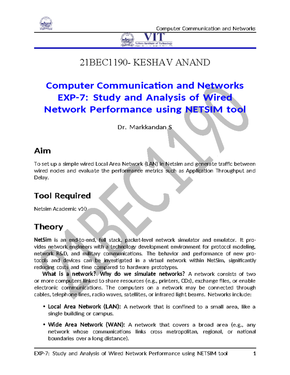 LAB7 experiment - 21BEC1190- KESHAV ANAND Computer Communication and Networks EXP-7: Study and ...