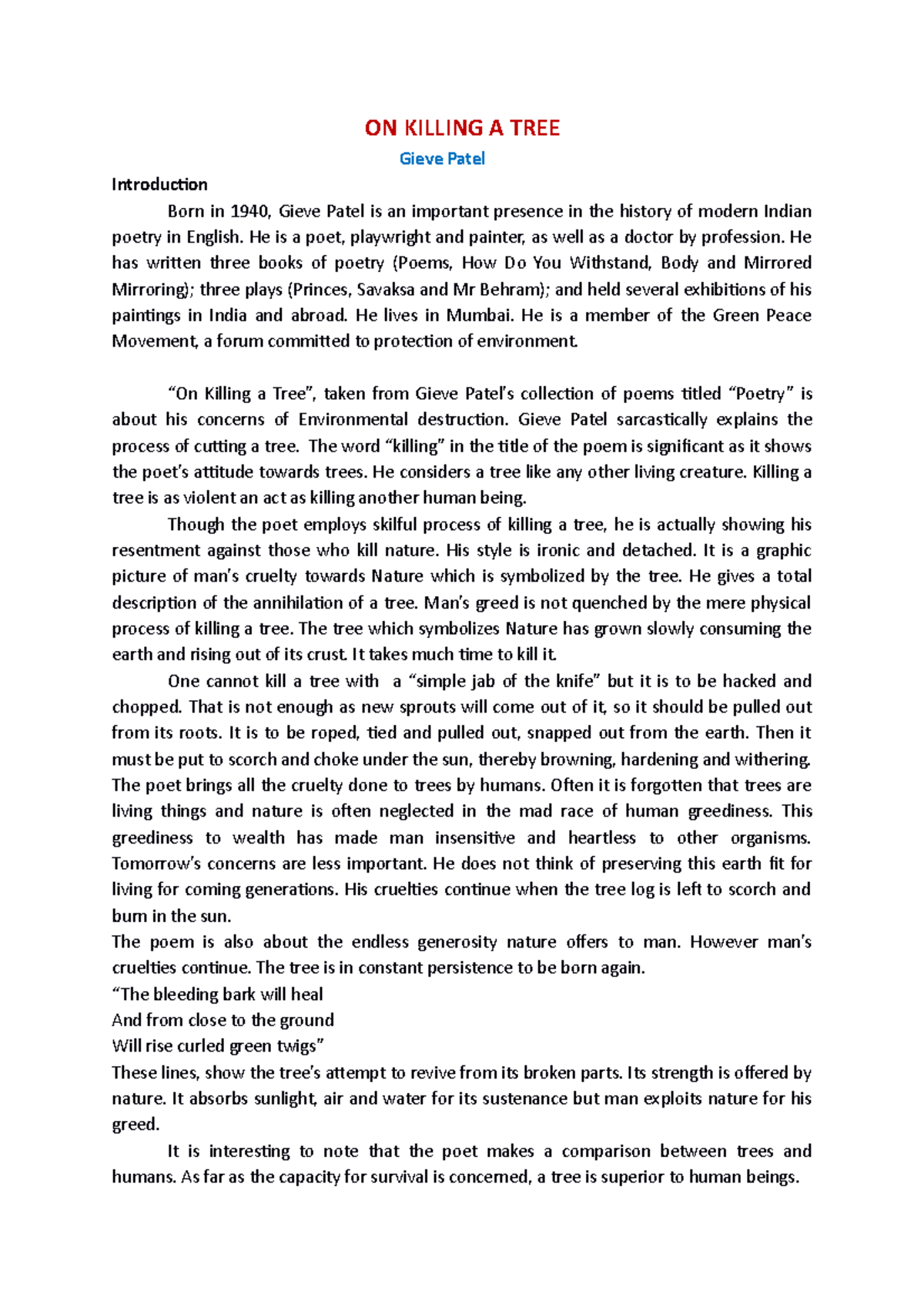 On Killing a Tree academic writing - ON KILLING A TREE Gieve Patel ...