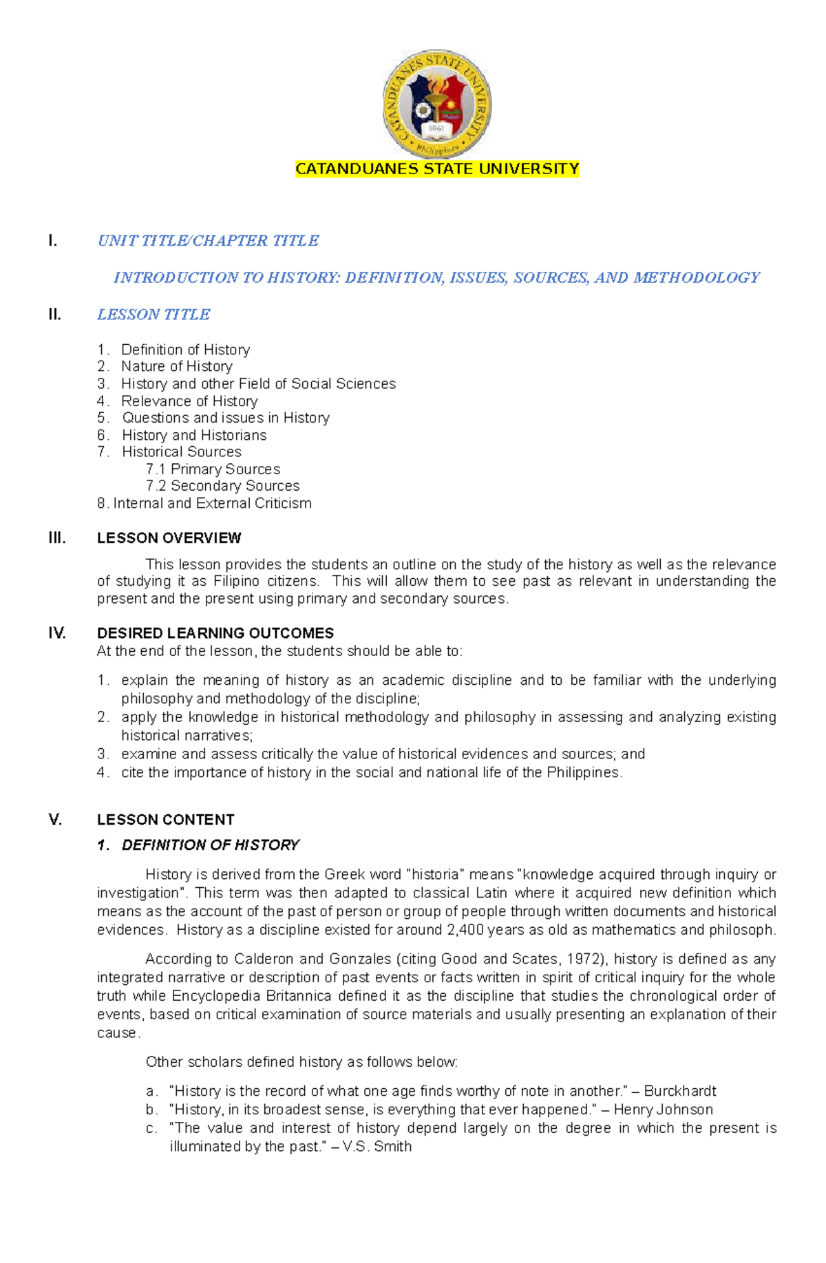 Introduction-to-history - I. UNIT TITLE/CHAPTER TITLE INTRODUCTION TO ...