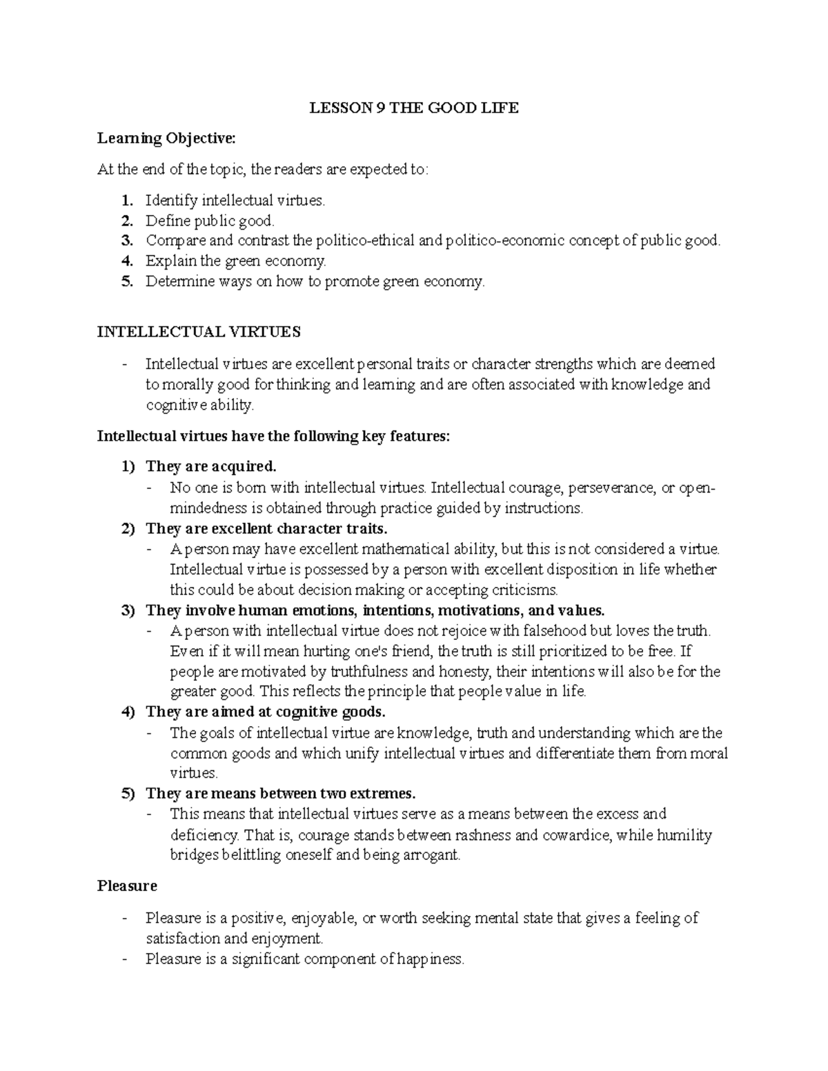 Lesson 9 THE GOOD LIFE - Lecture notes 1, 2, 3 - Business ...