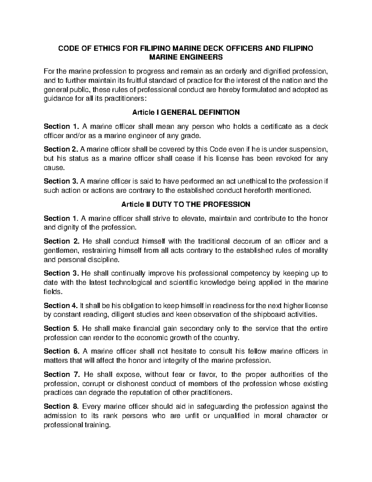 CODE OF Ethics FOR Filipino Marine DECK Officers AND Filipino Marine ...