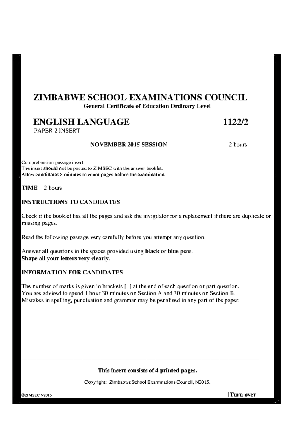 English Language 11222 Paper 2 Insert November 2015 Session - ZIMBABWE ...