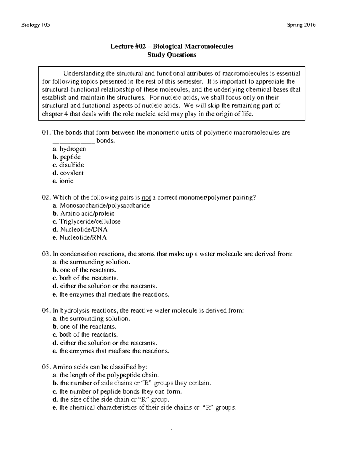 02 macromolecules-post - Biology 105 Spring 2016 Lecture Biological ...