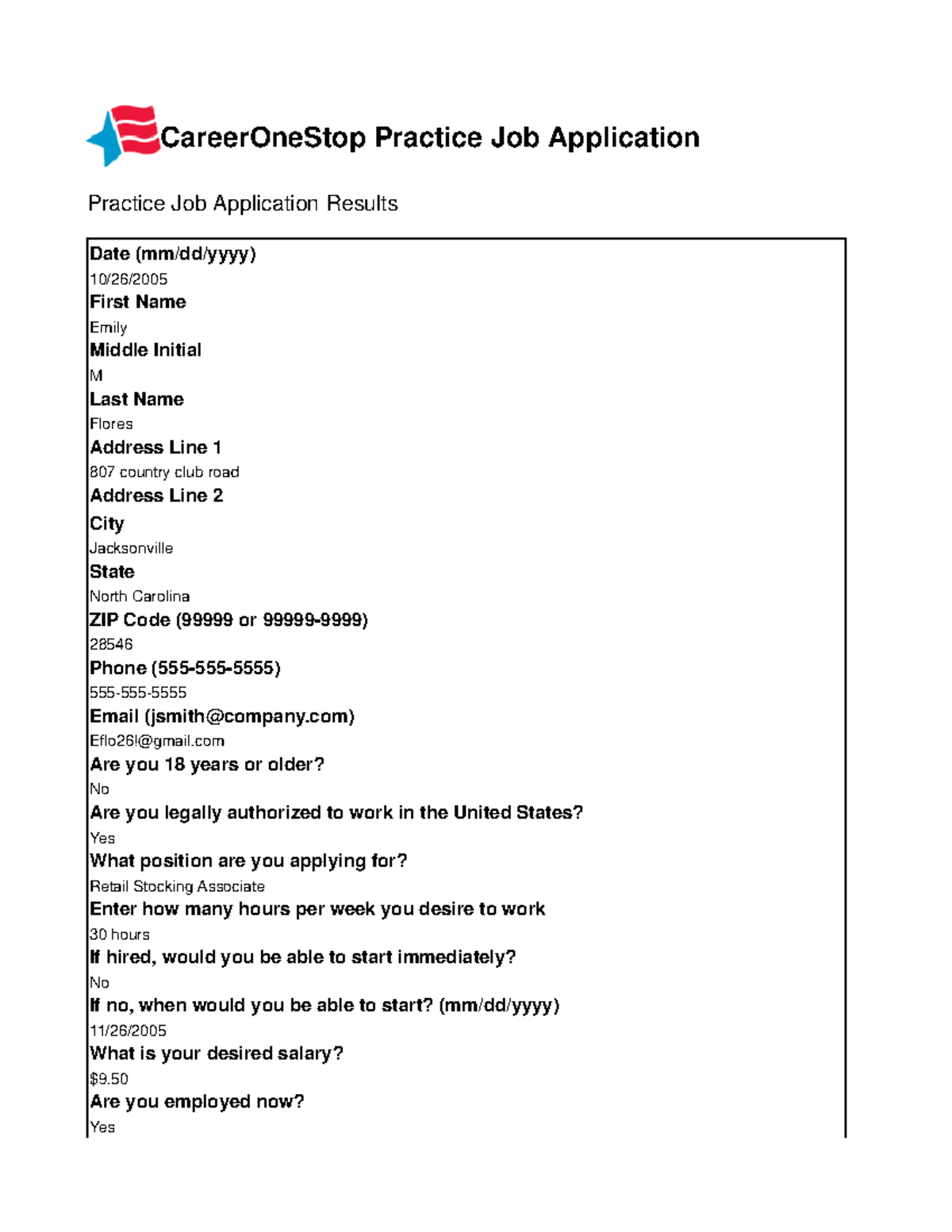Practice Job Application Results - CareerOneStop Practice Job ...