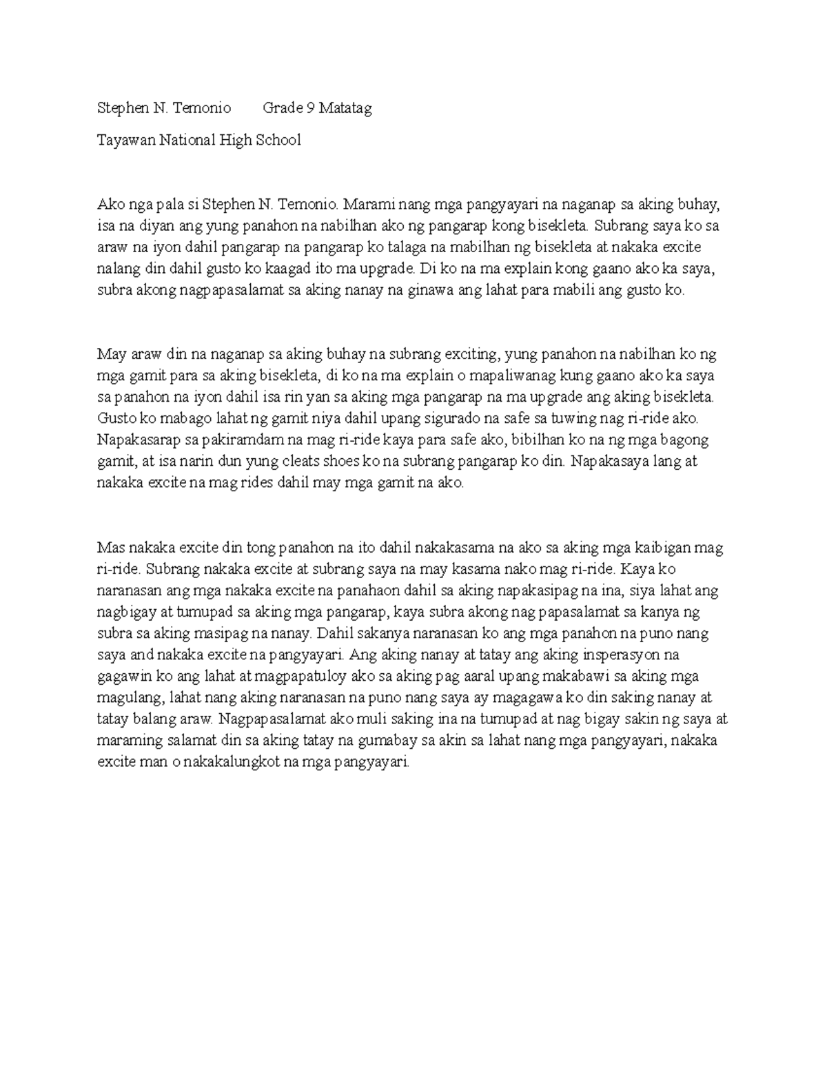 Filipino essay - wala ra - Stephen N. Temonio Grade 9 Matatag Tayawan ...