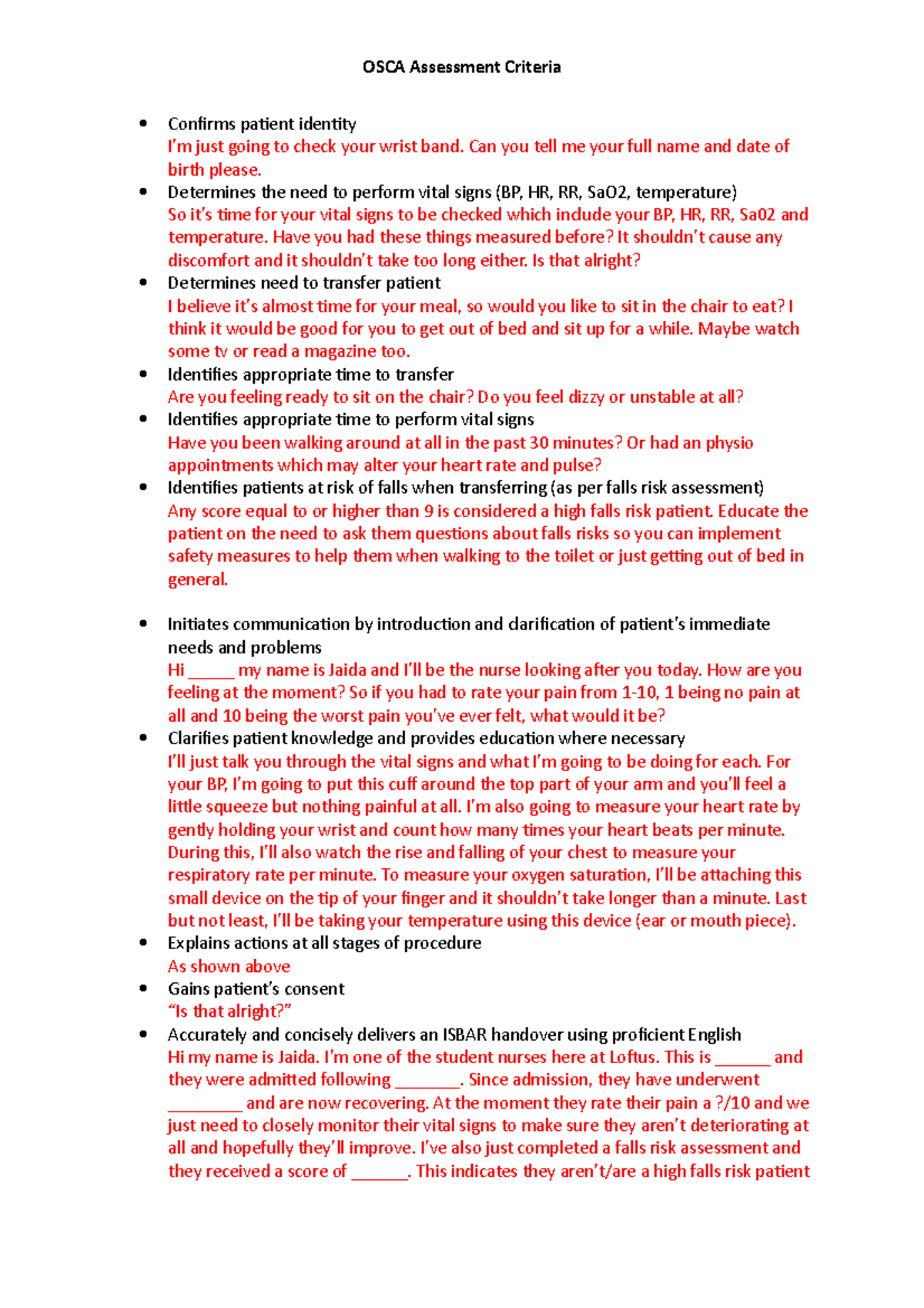OSCA Criteria - Preparation for the SNUG101 practical examination and ...