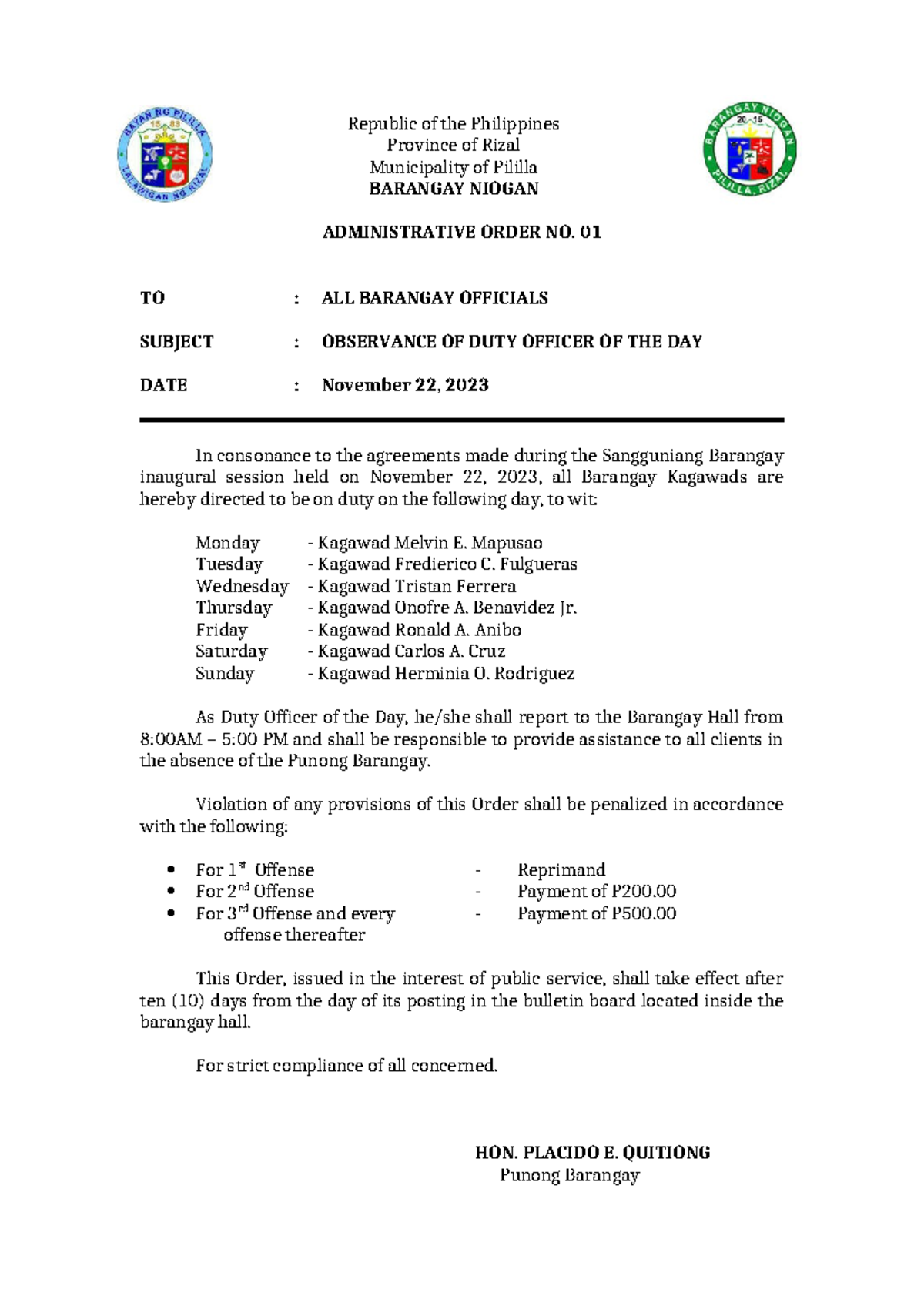 1, Administrative Order for Duty-Officer-of-the-Day - Republic of the ...