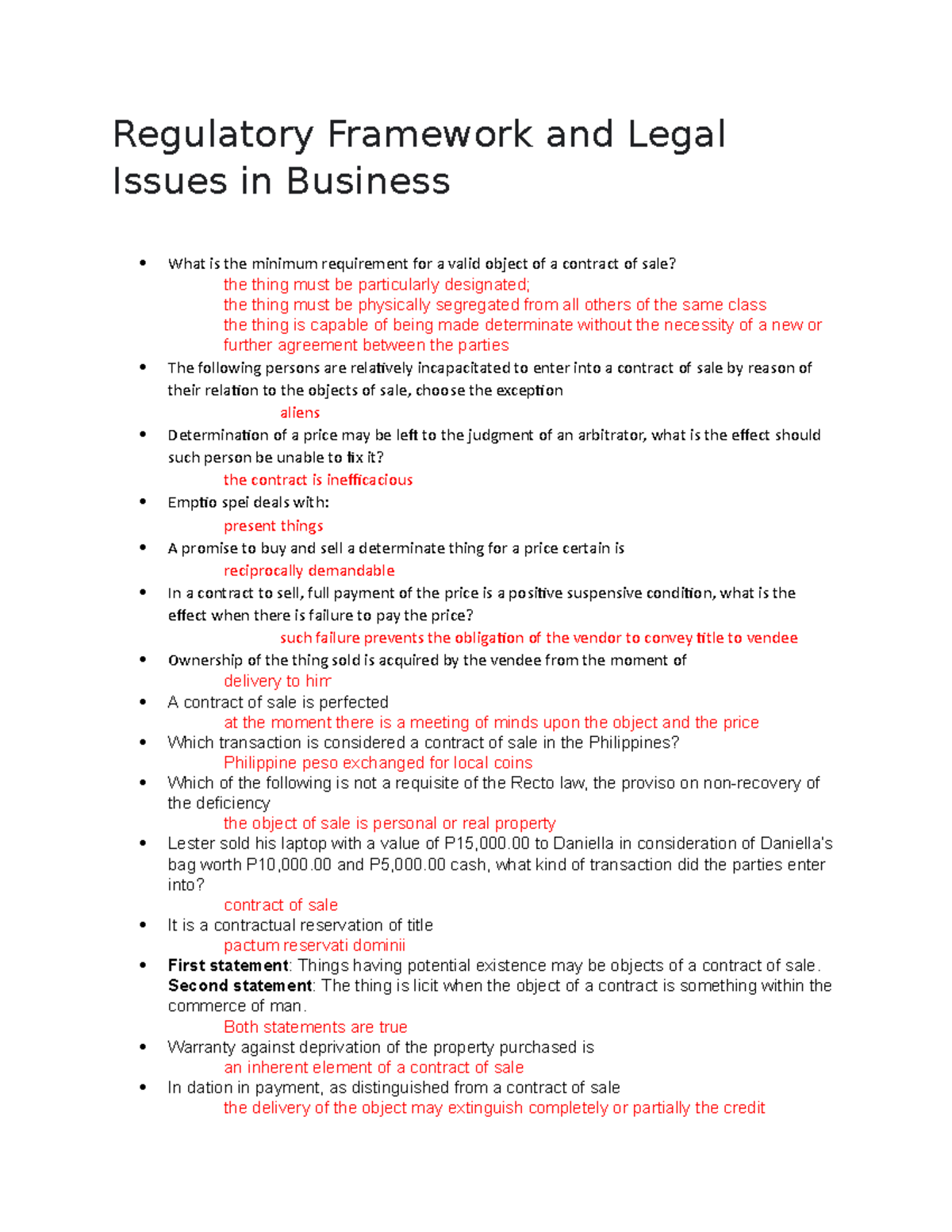 Law Reviewer - Lecture notes 1 - Regulatory Framework and Legal Issues ...