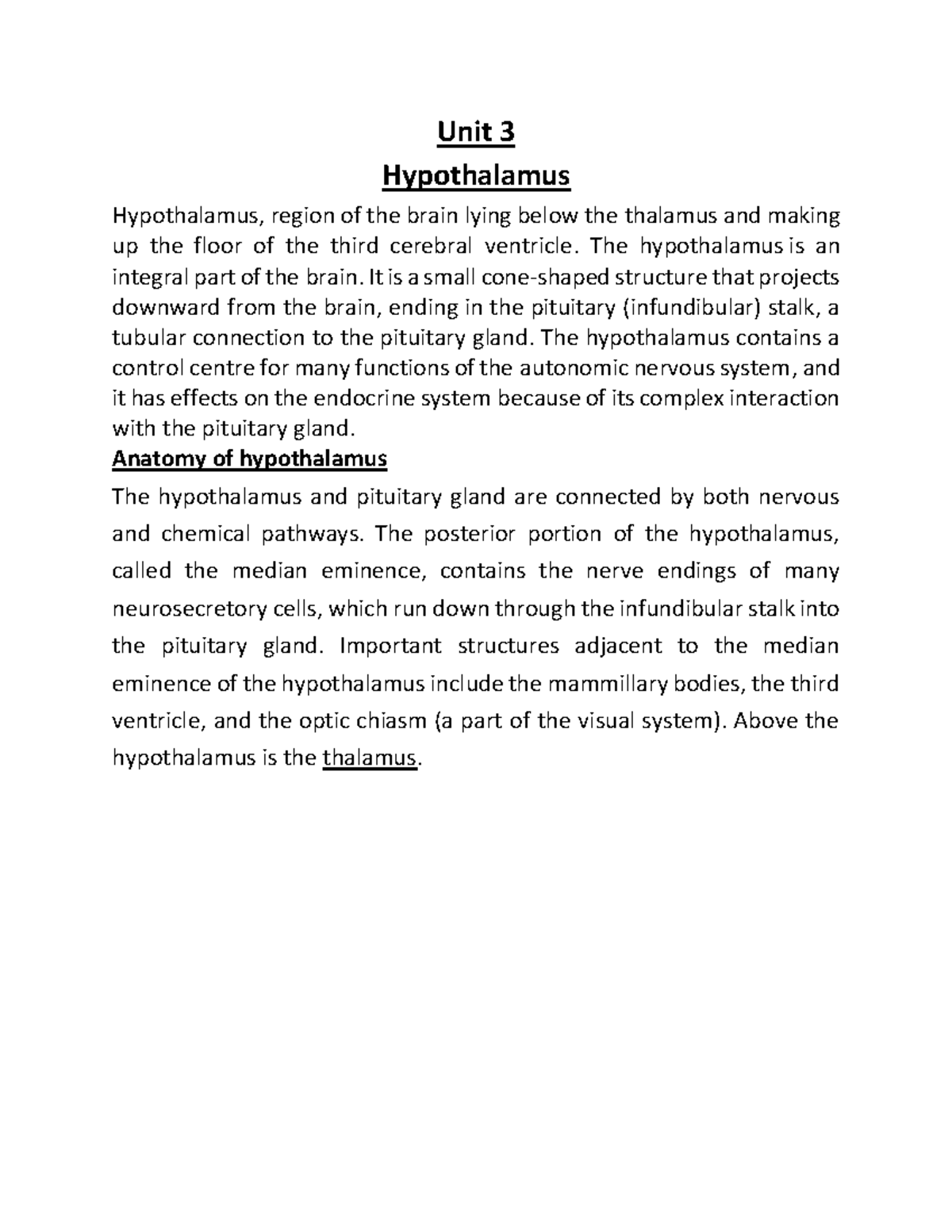 Hormone 3 - It's simplified notes - Unit 3 Hypothalamus Hypothalamus ...