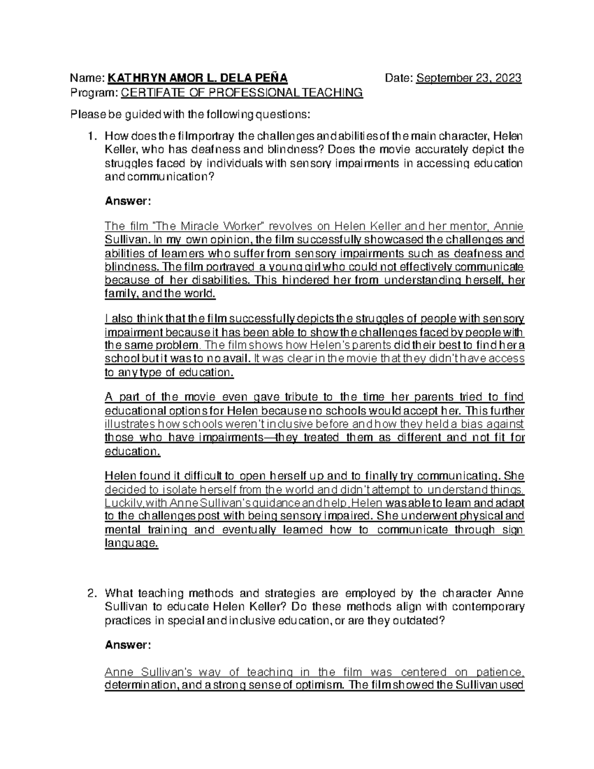 Essay Helen Keller Movie Review - Name: KATHRYN AMOR L. DELA PEÑA Date ...