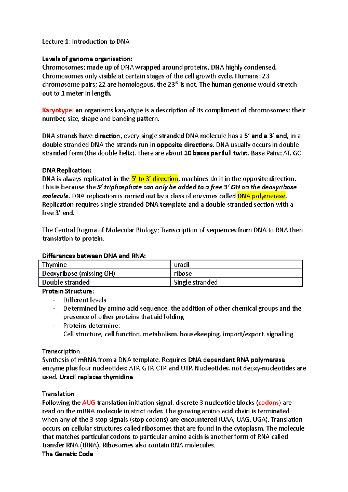 BIOL2004 - Lecture Notes - Lecture 1: Introduction to DNA Levels of ...