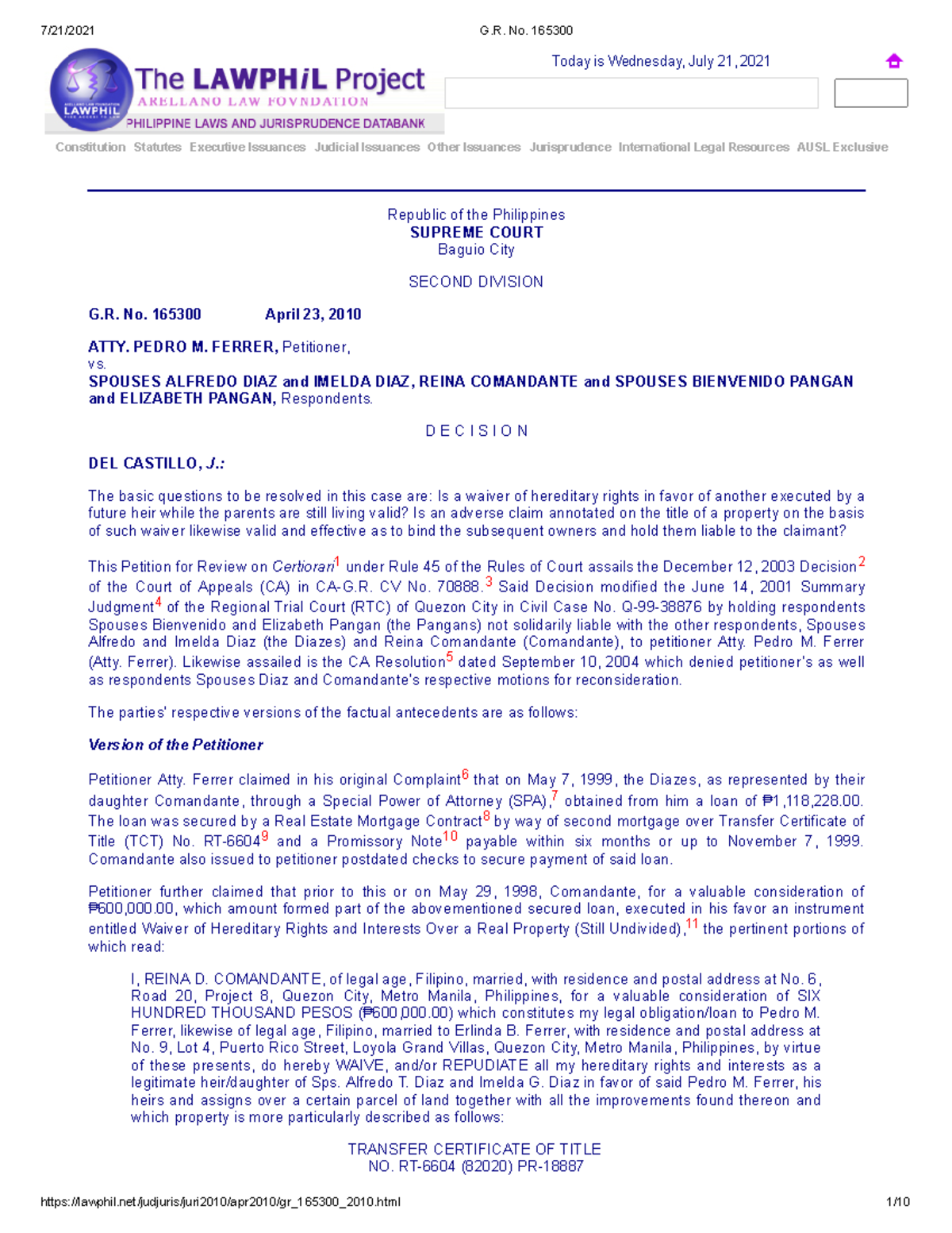 Atty. Ferrer vs. Spouses Diaz - General Law - Studocu