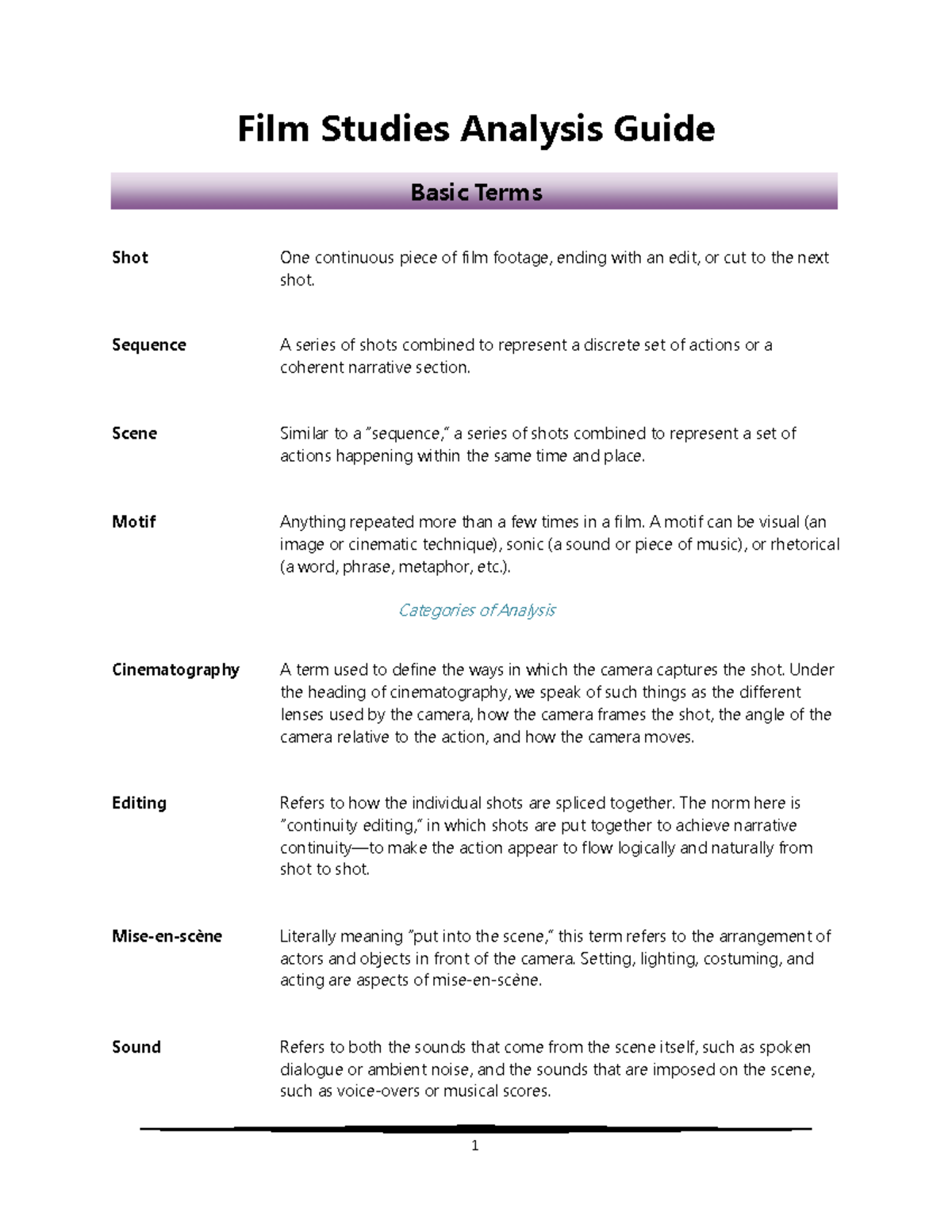 Film Analysis Guide - Film techniques - Film Studies Analysis Guide ...
