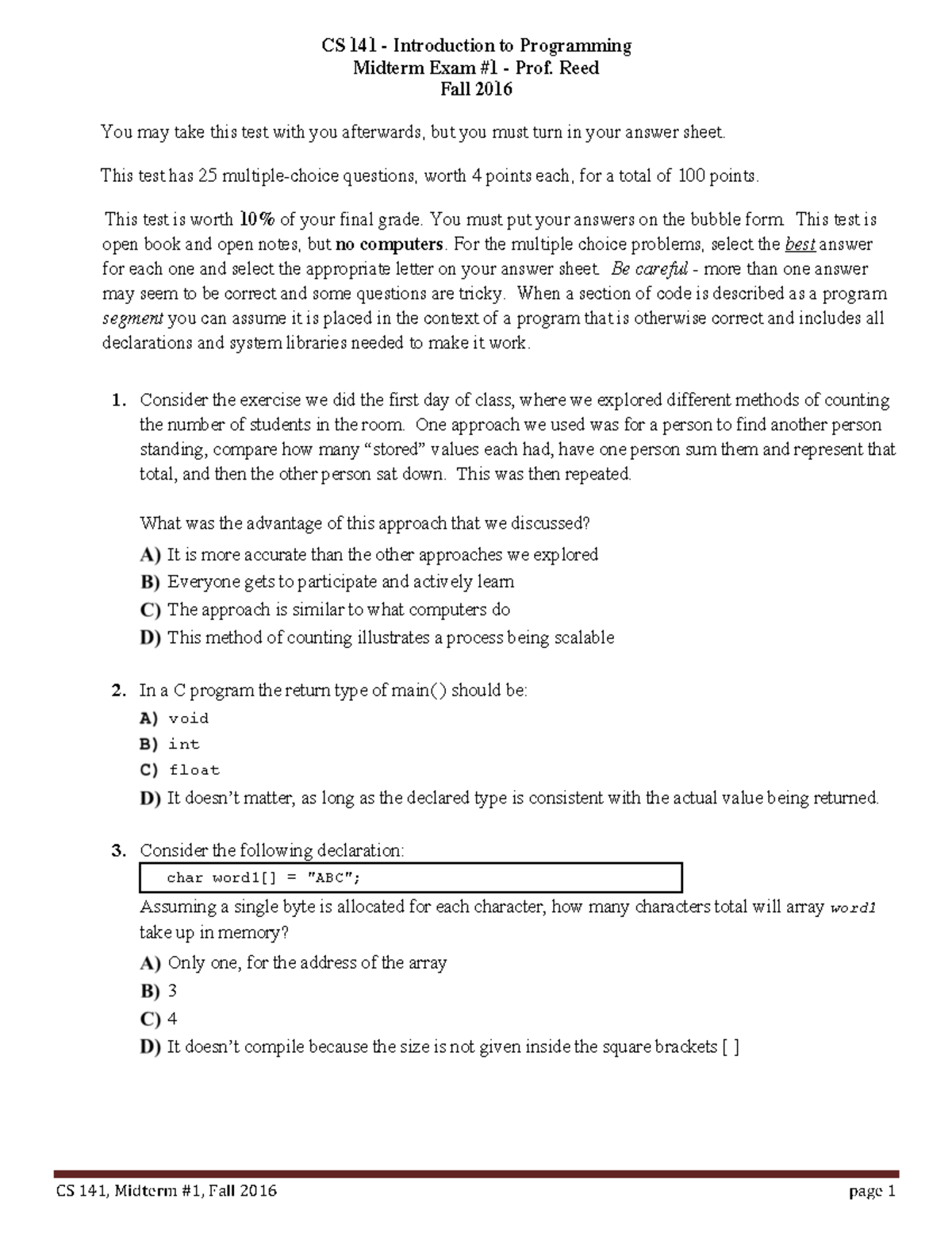Midterm 1Fall16 - Previous exam that can serve as practice - CS 141 - Introduction to ...