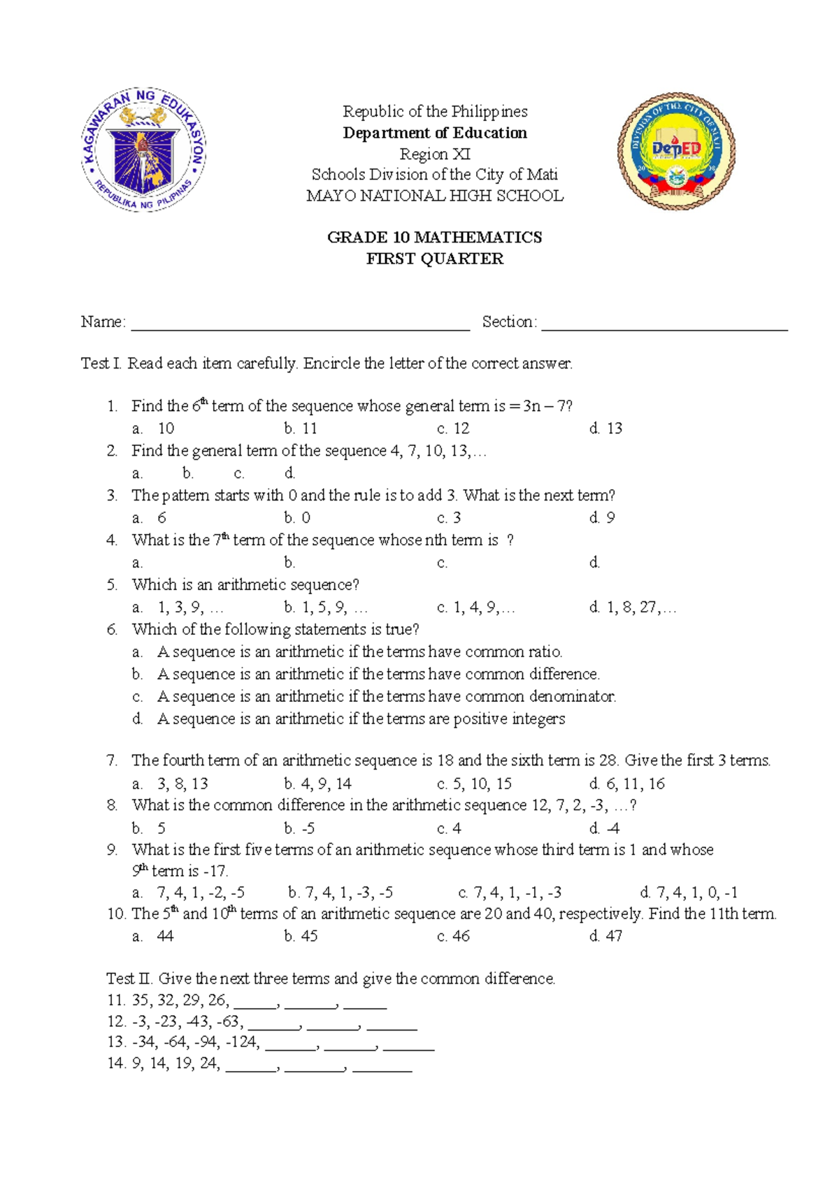 Quarter 1 math 10 exam - summative test - Republic of the Philippines ...