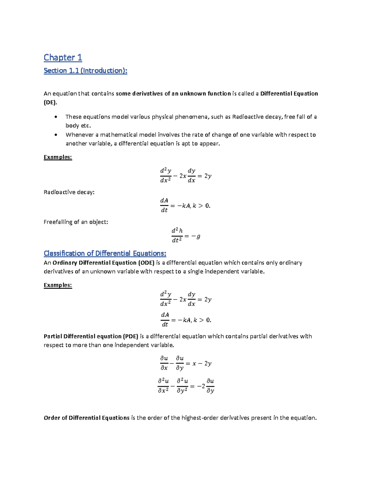 DE lecture 1.1 and 1.2 - Chapter 1 Section 1 (Introduction): An ...