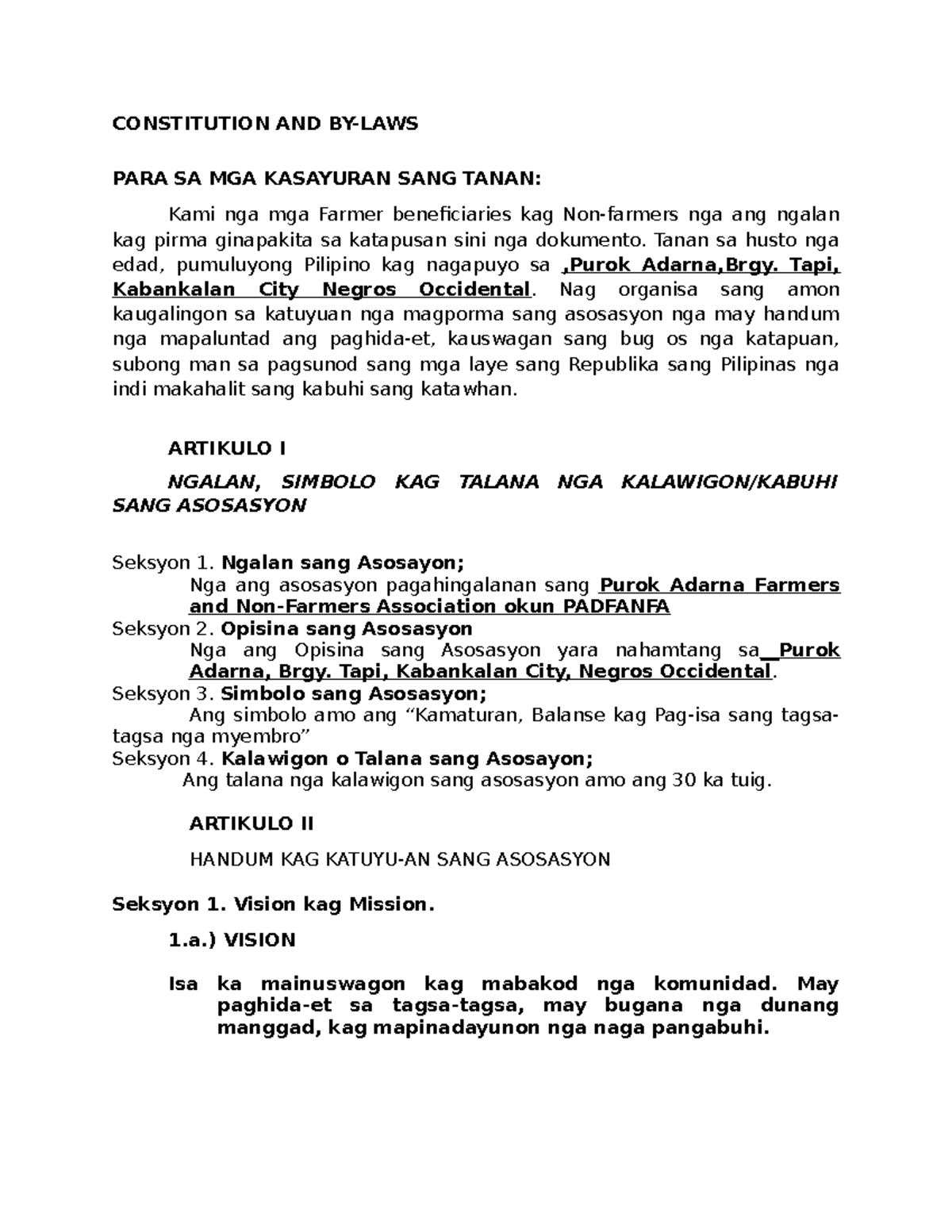 Padfanfa Final Constitution AND BY - CONSTITUTION AND BY-LAWS PARA SA MGA KASAYURAN SANG TANAN ...