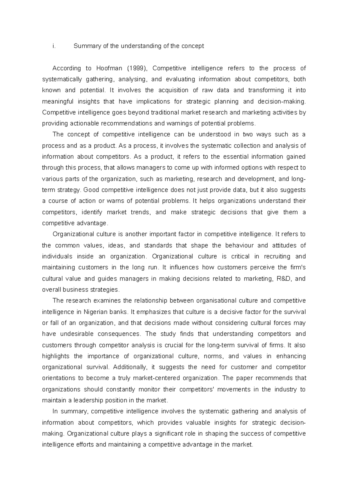 Summary of the understanding of the concept - i. Summary of the ...