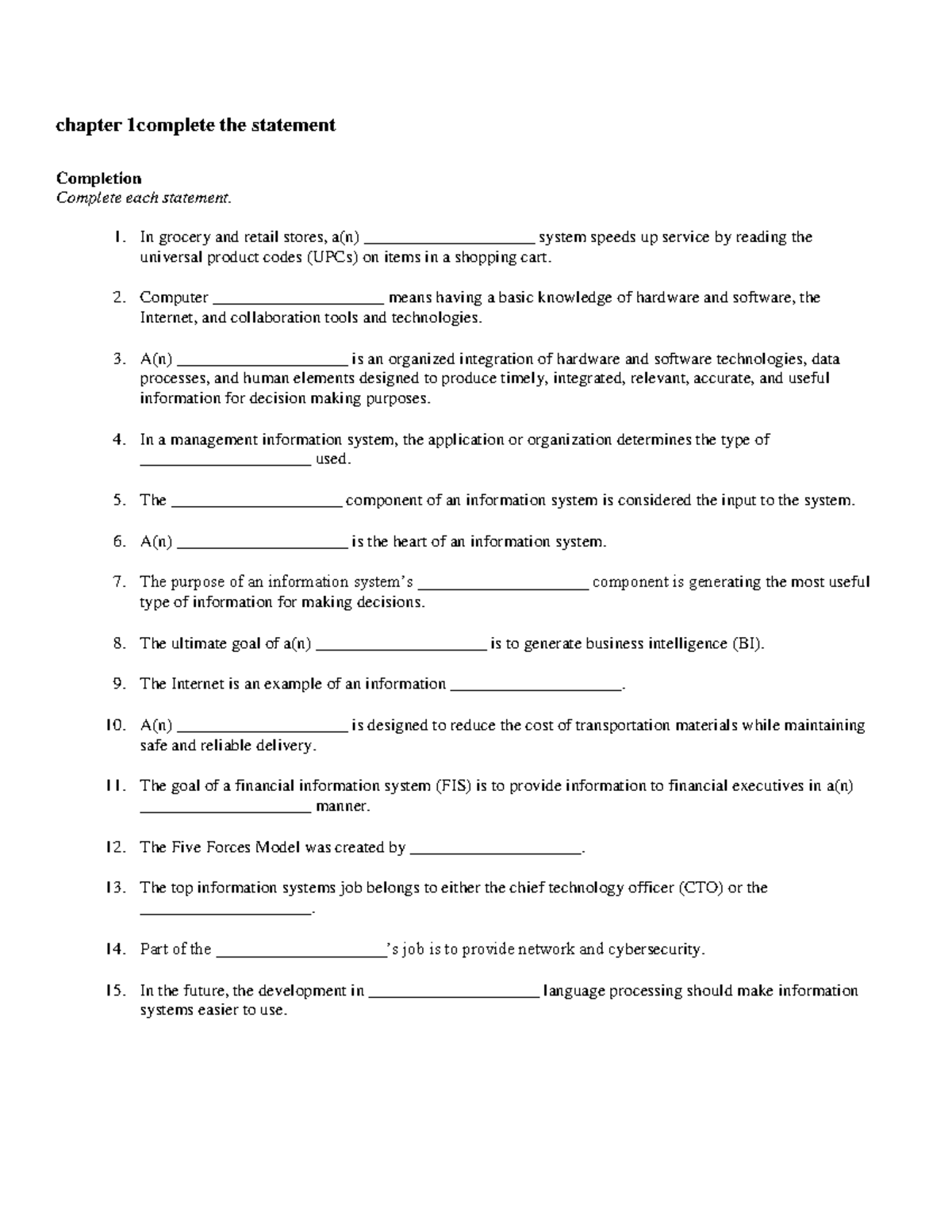 Inf1505 Chapter 1 Complete The Statement With Answers Chapter 1complete The Statement 