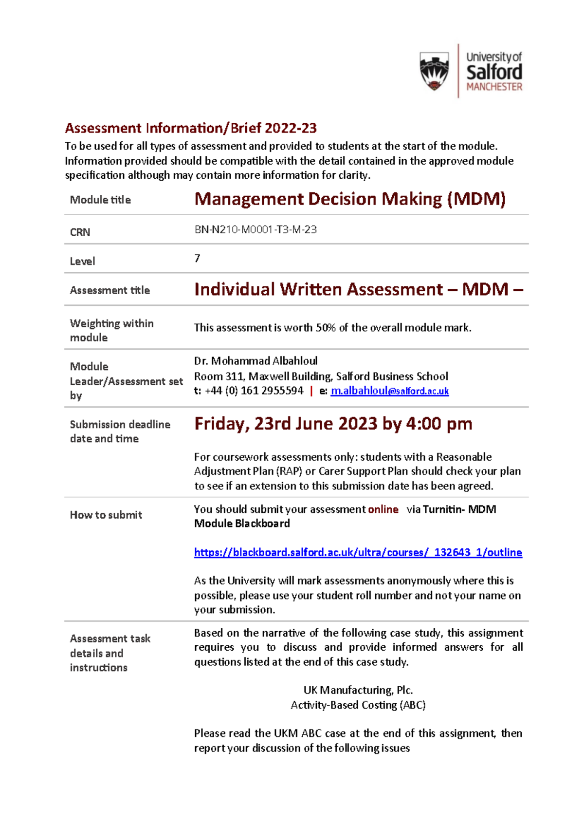 (Job Card) MDM Assessment 1 Brief - Assessment Information/Brief 2022 ...