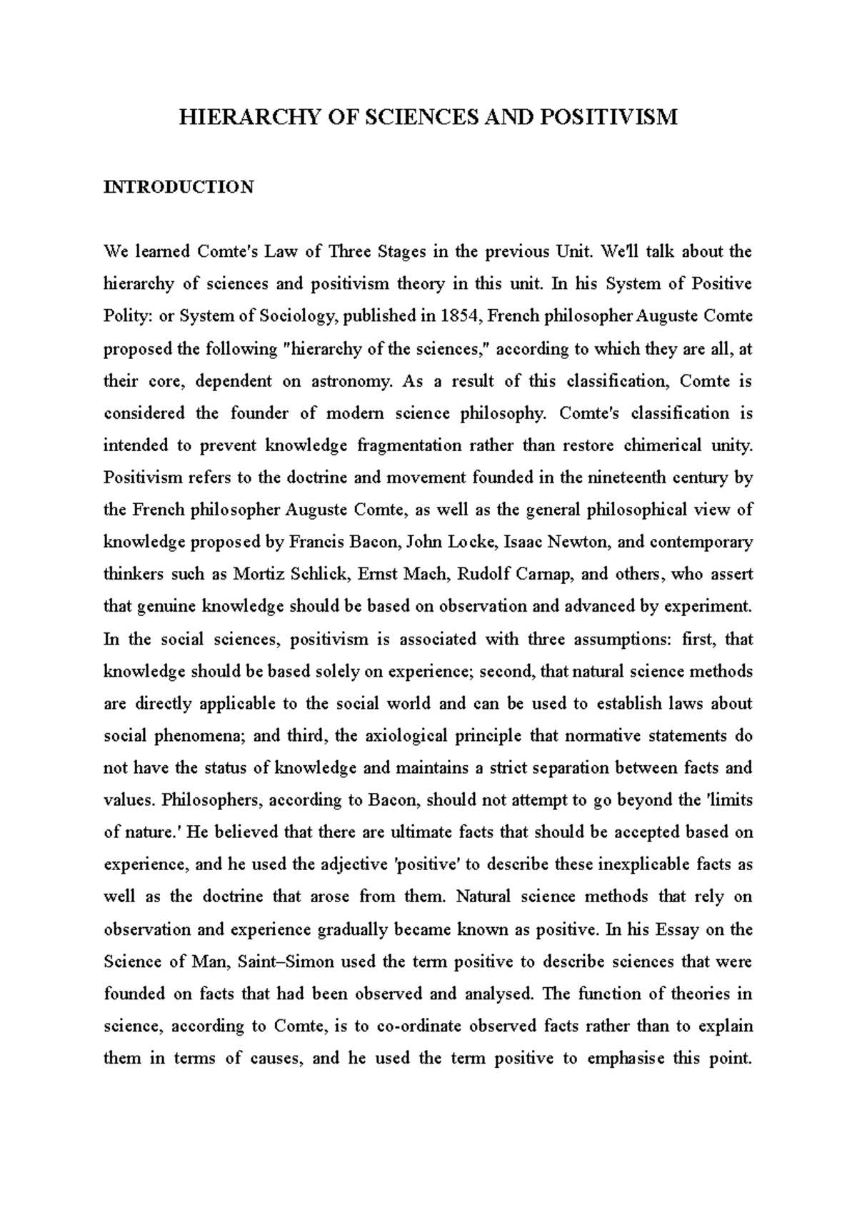 Hierarchy OF Sciences AND Positivism - HIERARCHY OF SCIENCES AND ...