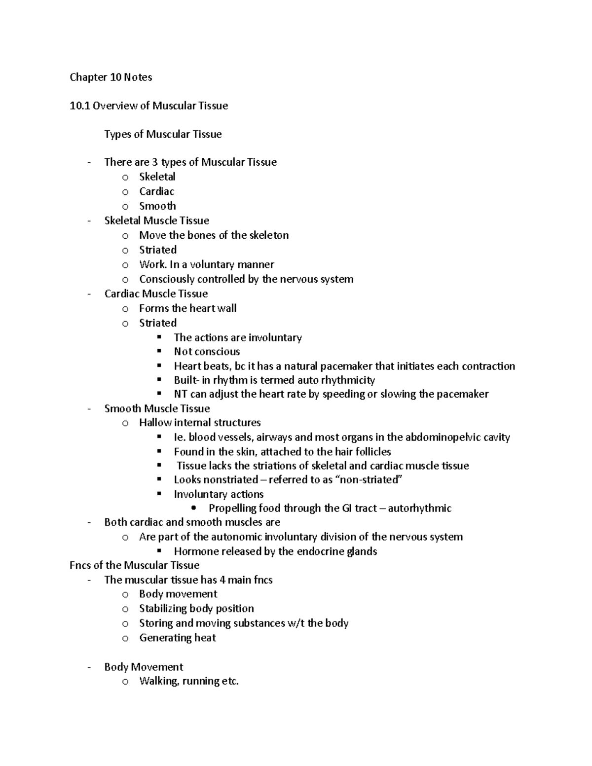 Chapter 10 Summery Notes - Chapter 10 Notes 10 Overview of Muscular ...