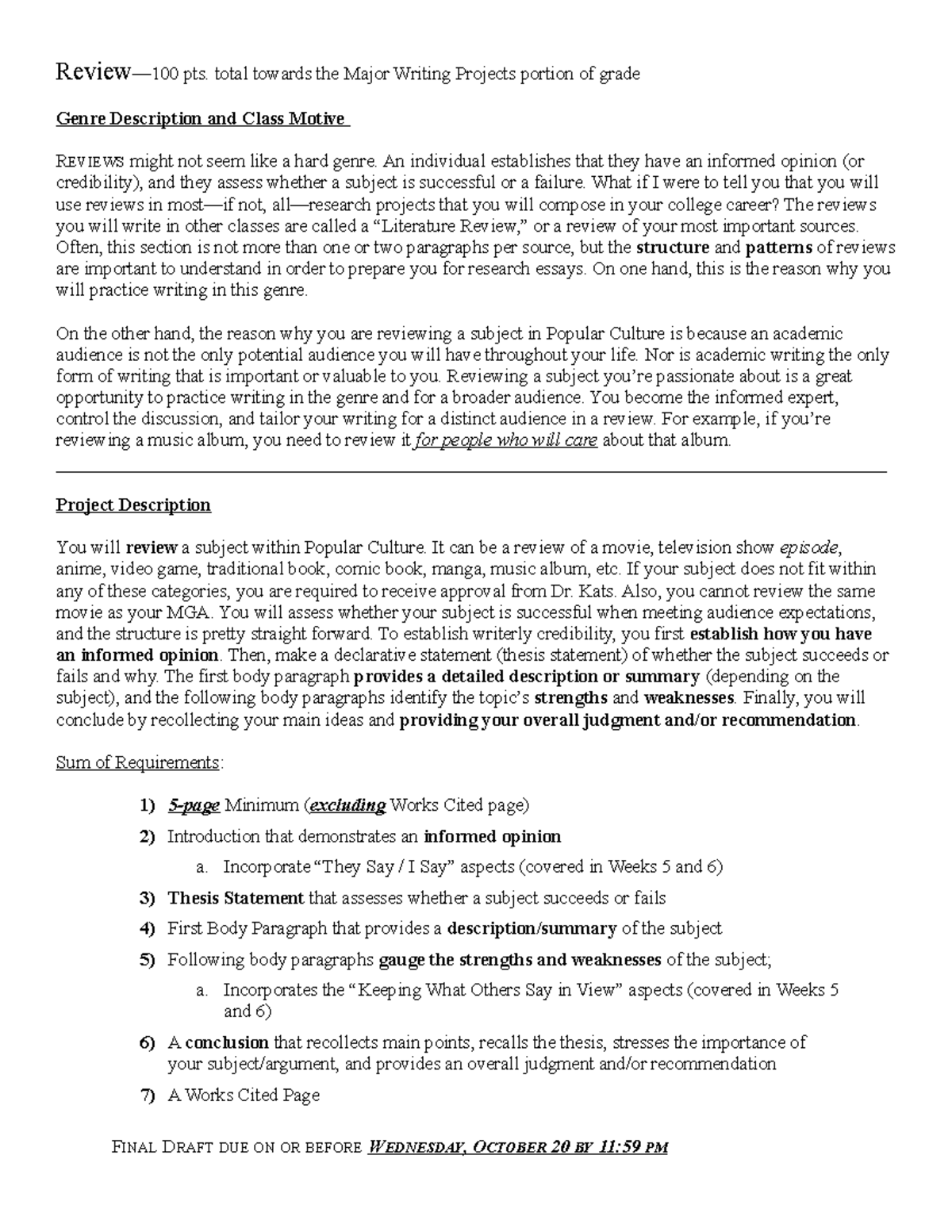 Review Prompt - Practice - Review—100 pts. total towards the Major Writing Projects portion of ...