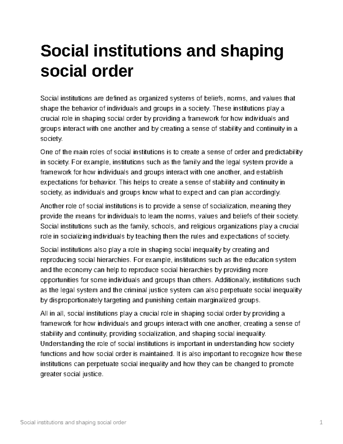 Social institutions and shaping social order - These institutions play ...
