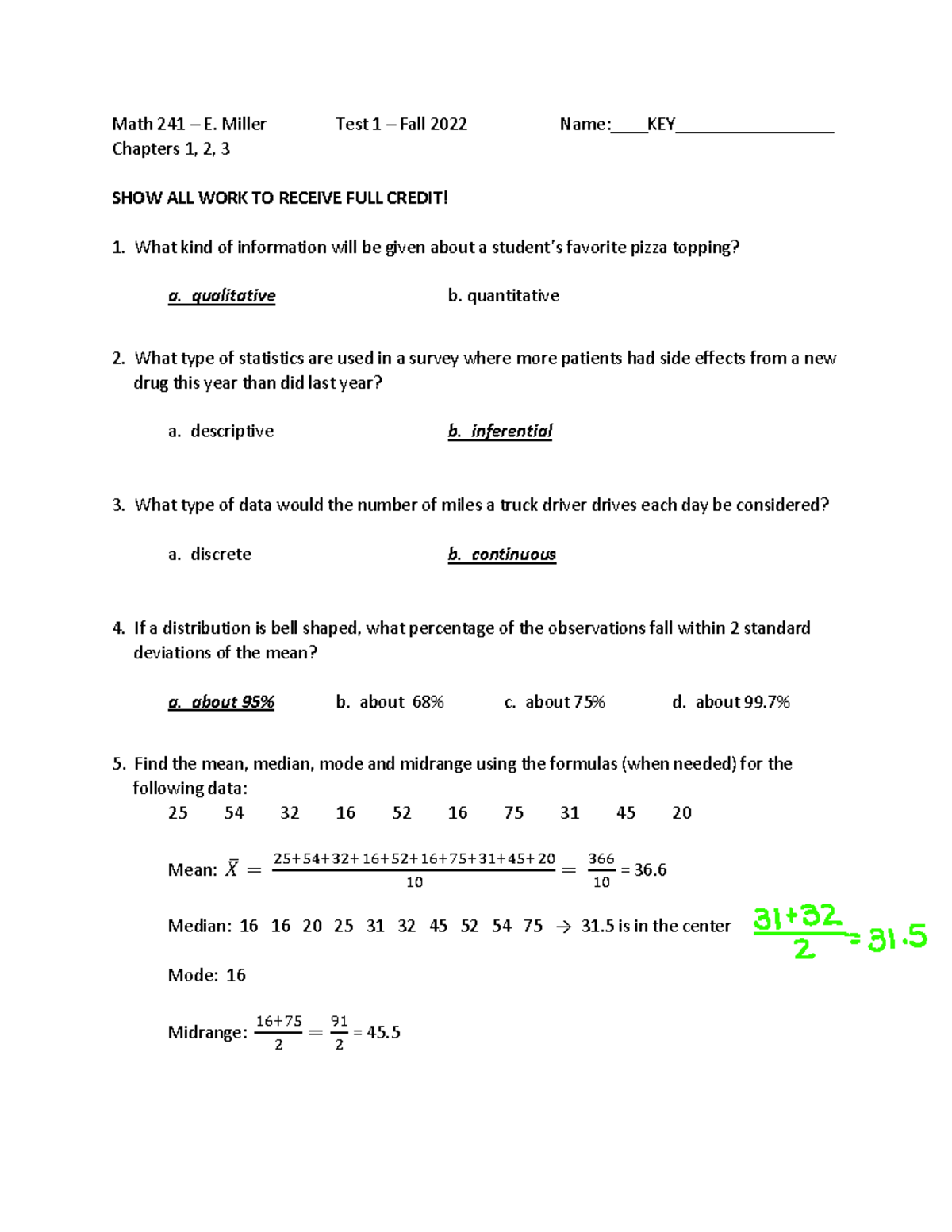 Test 1 Key - dr. elizabeth - Math 241 – E. Miller Test 1 – Fall 2022 ...