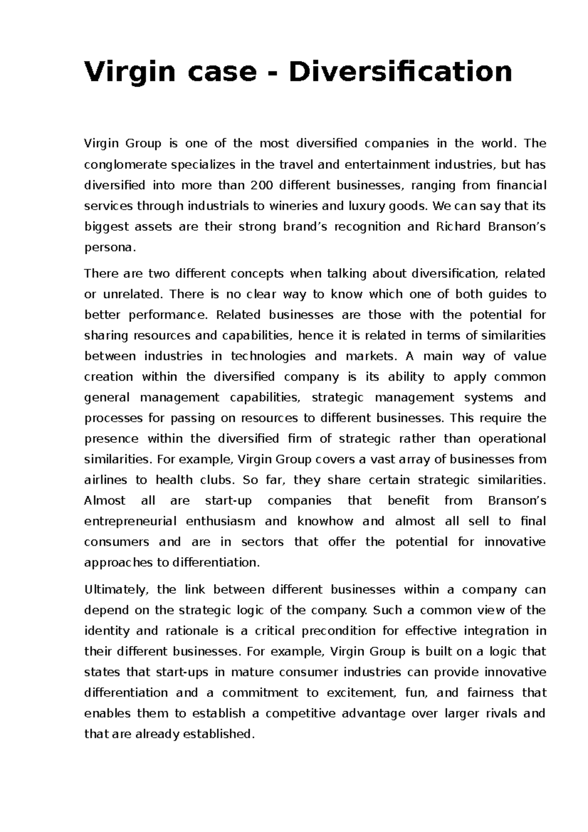 Virgin Info Ex - Virgin case - Diversiication Virgin Group is one of ...